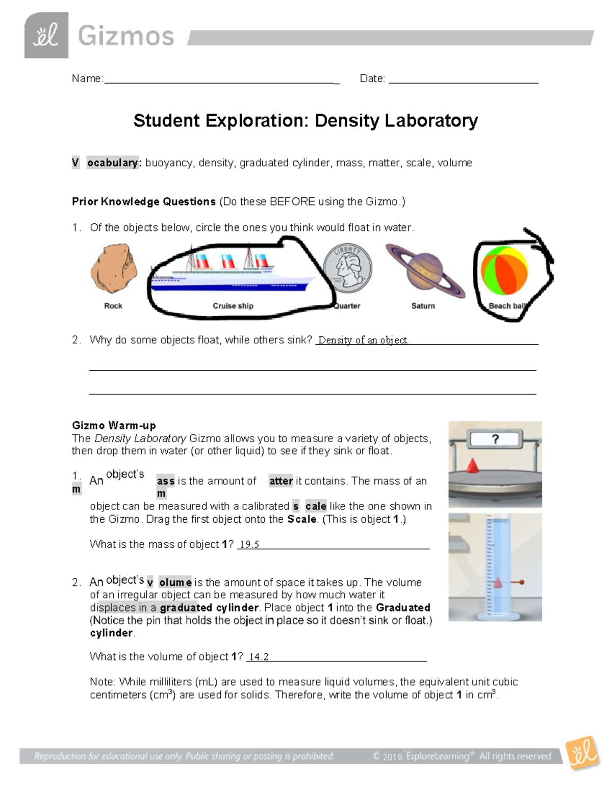 Density Labratory Gizmo - Name: _ Date: Student Exploration: Density ...