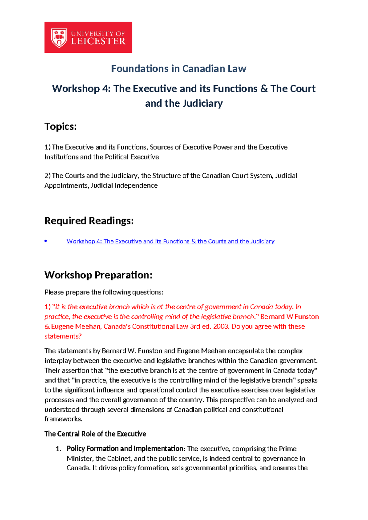 Workshop 4 The Executive and its Functions & The Court and the ...