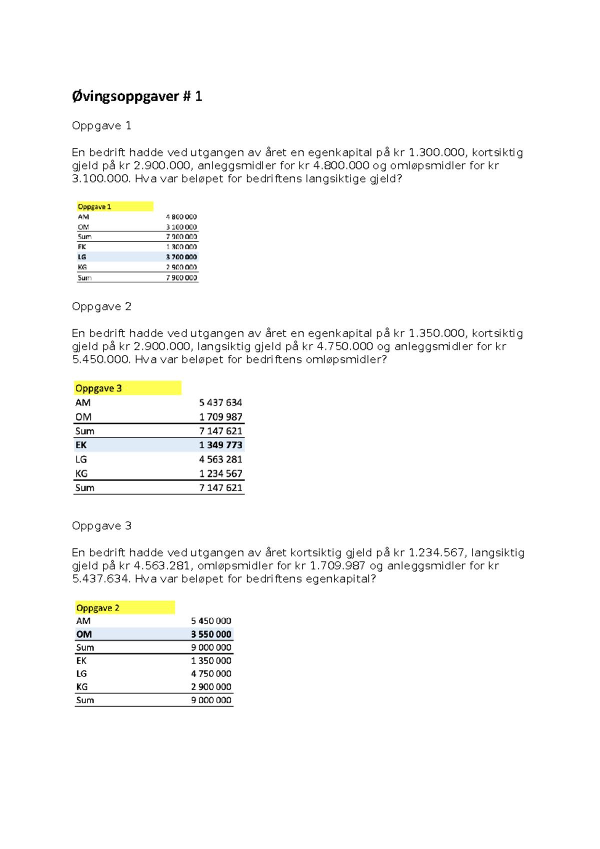 Øvingsoppgaver - oppgaver - Øvingsoppgaver # 1 Oppgave 1 En bedrift ...