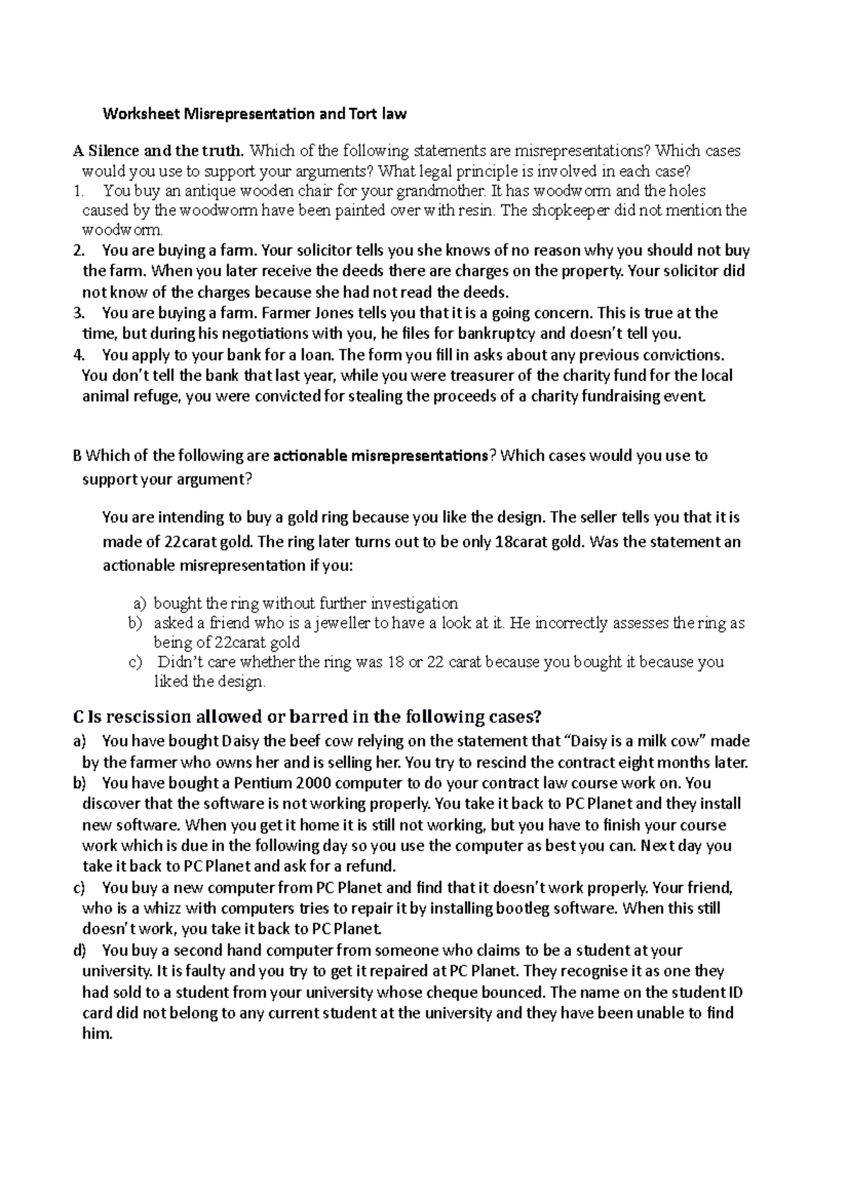 Worksheet Lecture 6 misrepresentation and negligence - Worksheet ...