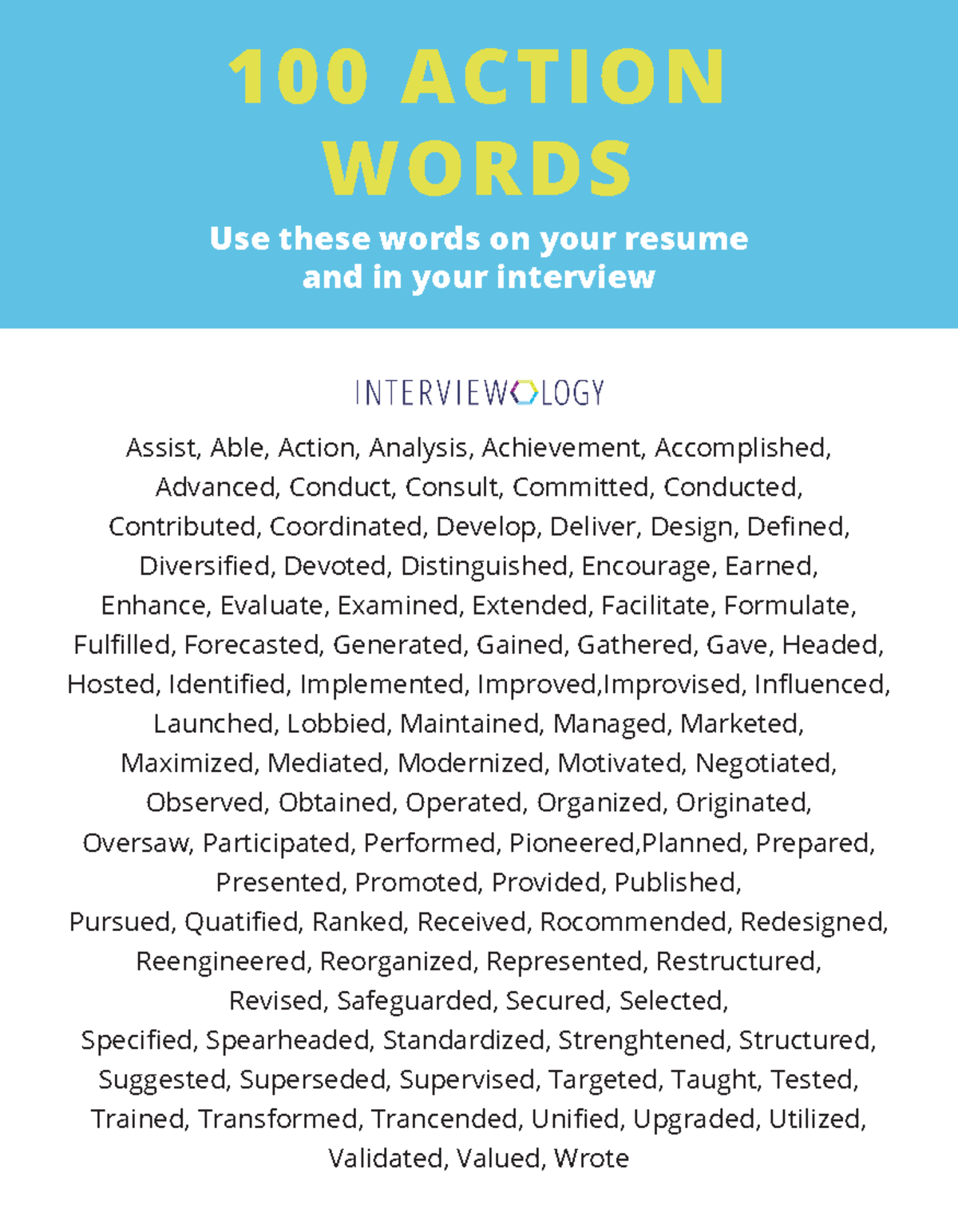 100 Action Words 3 - 100 ACTION WORDS Use these words on your resume ...