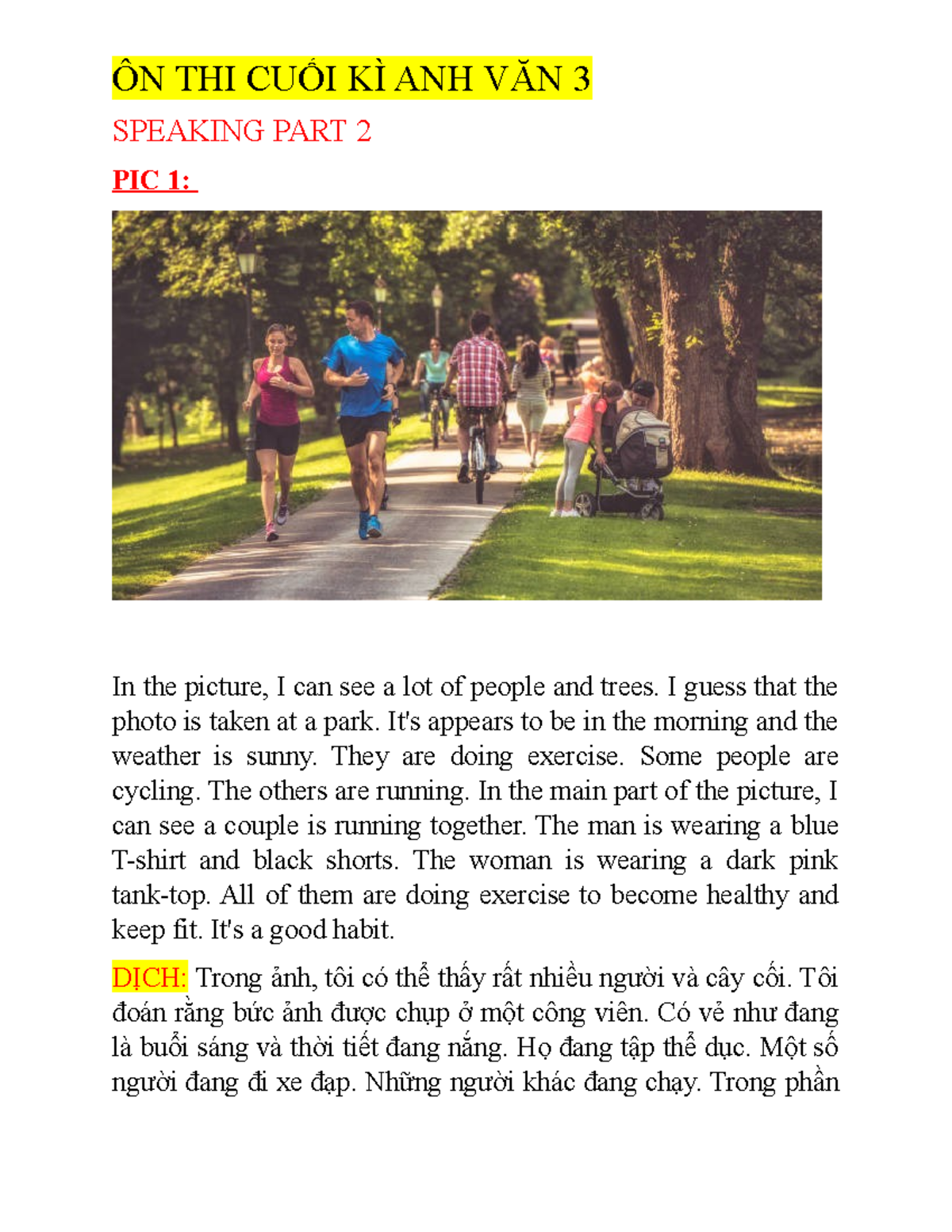 Speaking PART 2 - anhvan2 - SPEAKING PART 2 PIC 1: In the picture, I ...