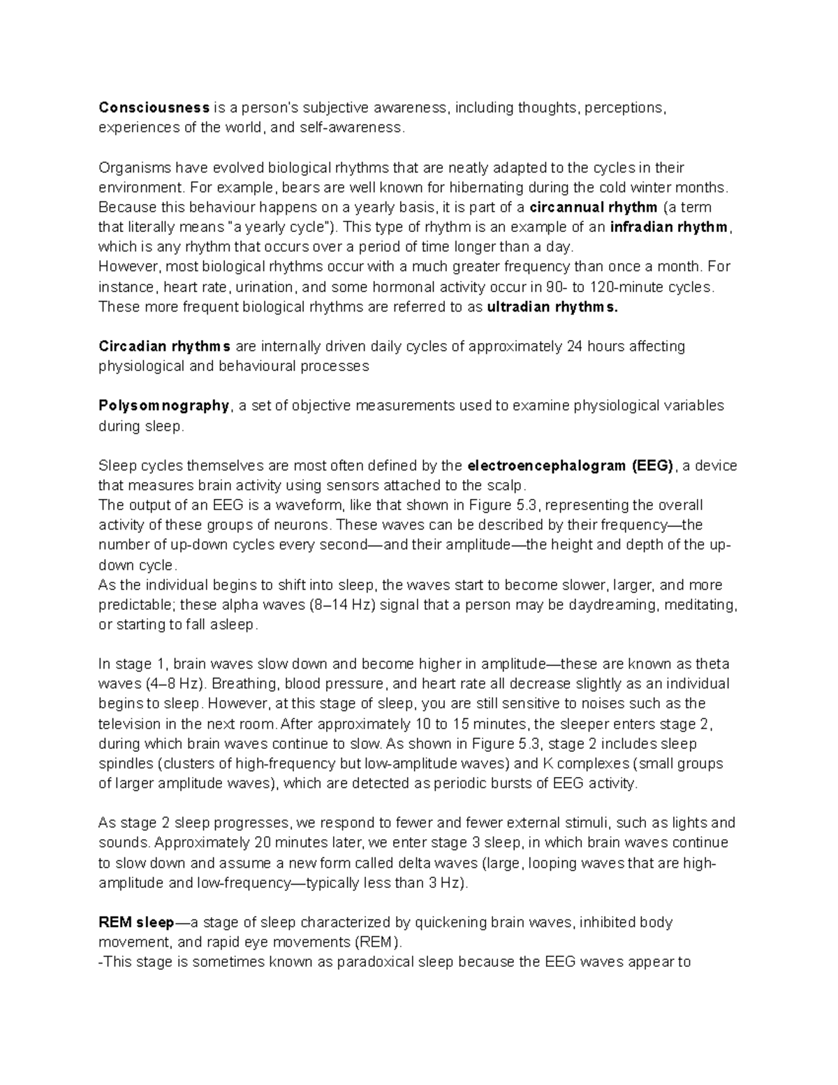 Psychology Test 5 Notes - Consciousness is a person’s subjective ...