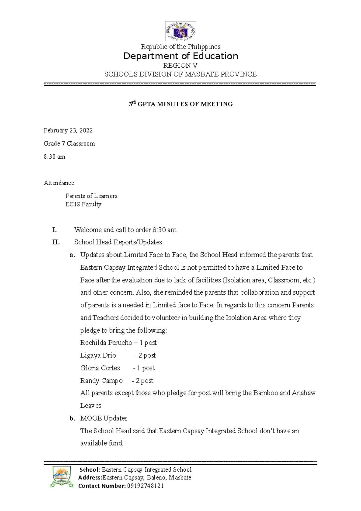 3rd GPTA Meeting Minutes 2021 2022 - Department of Education REGION V ...