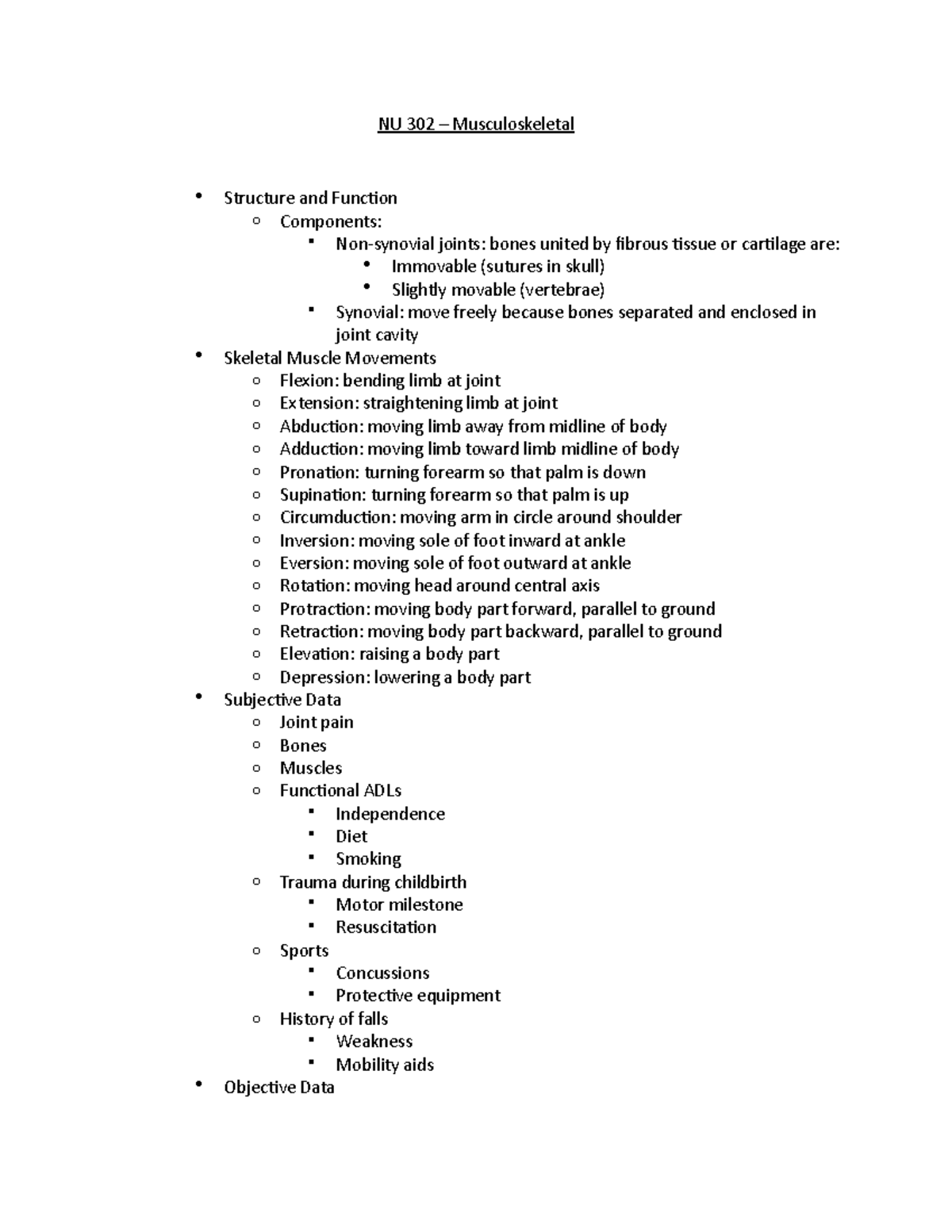 Musculoskeletal - 302 lecture notes - NU 302 – Musculoskeletal ...