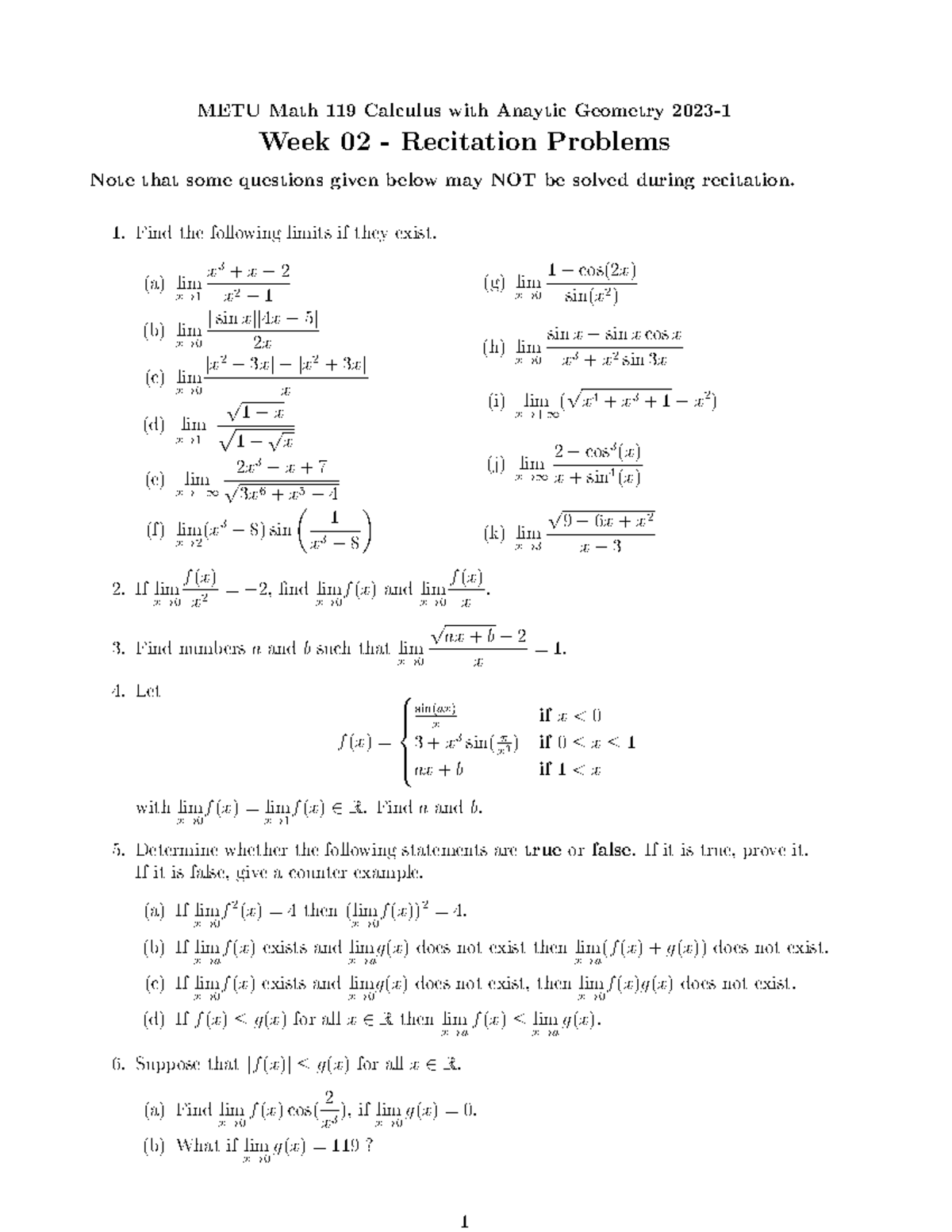 MATH 119 2023-1 Recitation Week 02 - METU Math 119 Calculus with Anaytic Geometry 2023- Week 02 ...