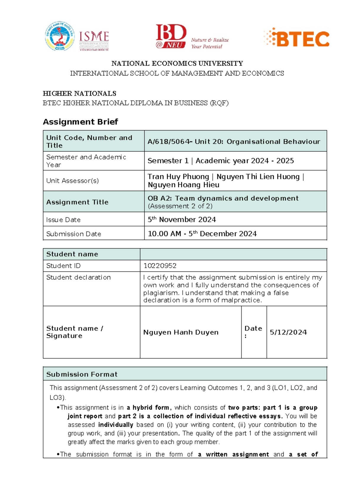 OB - Assignment Brief A2 - NATIONAL ECONOMICS UNIVERSITY INTERNATIONAL ...
