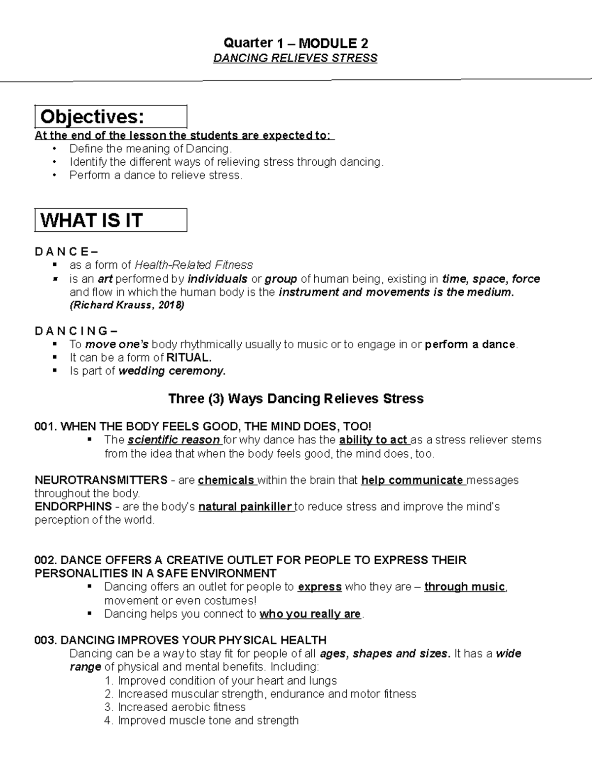 G12 Q1 Module-2 - Questionnaire - Quarter 1 – MODULE 2 DANCING RELIEVES ...