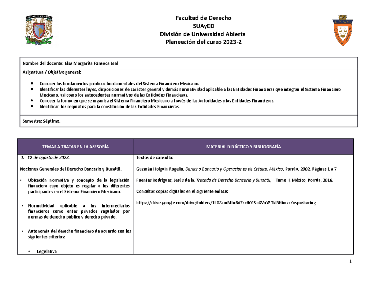 Anexo I Derecho Bancario Y Bursatil ant - Nombre del docente: Elsa ...