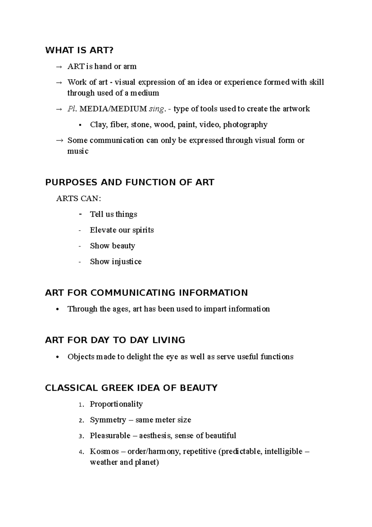 Arts - Prelim arts notes - WHAT IS ART? ART is hand or arm Work of art ...