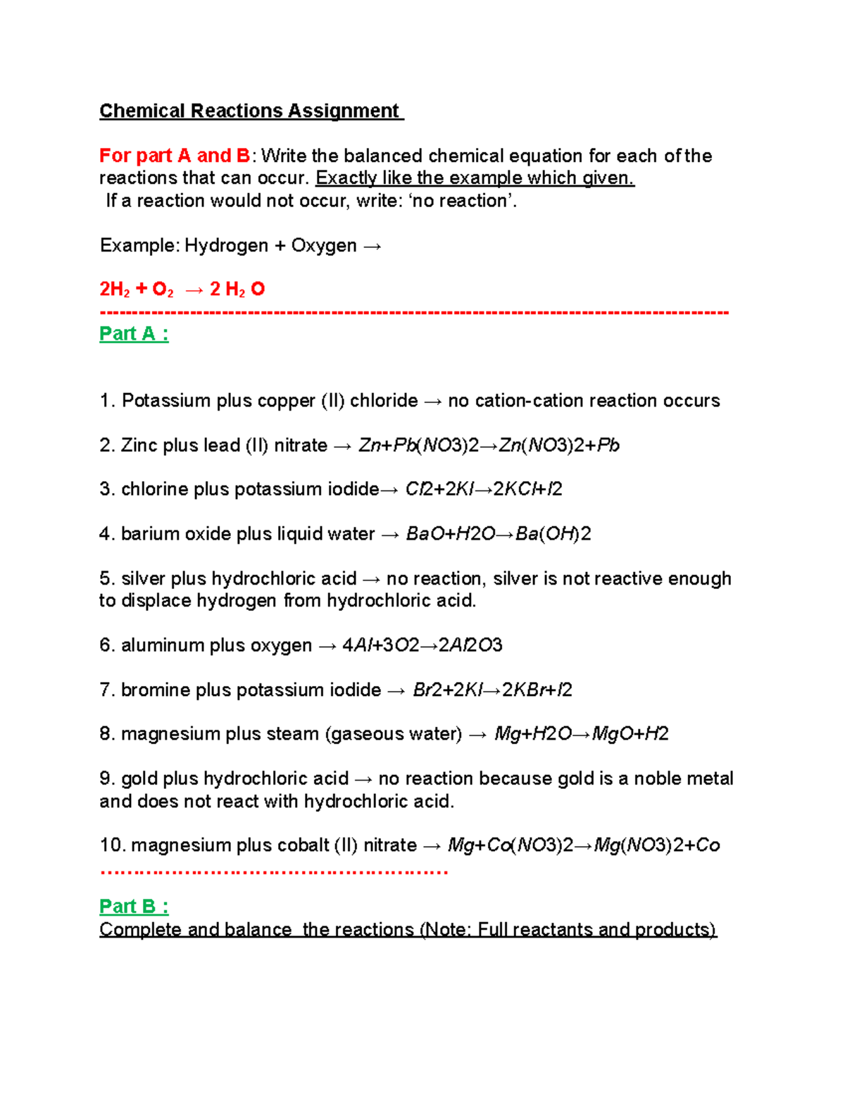 Assign. Chemical Ractions asignment - Chemical Reactions Assignment For ...