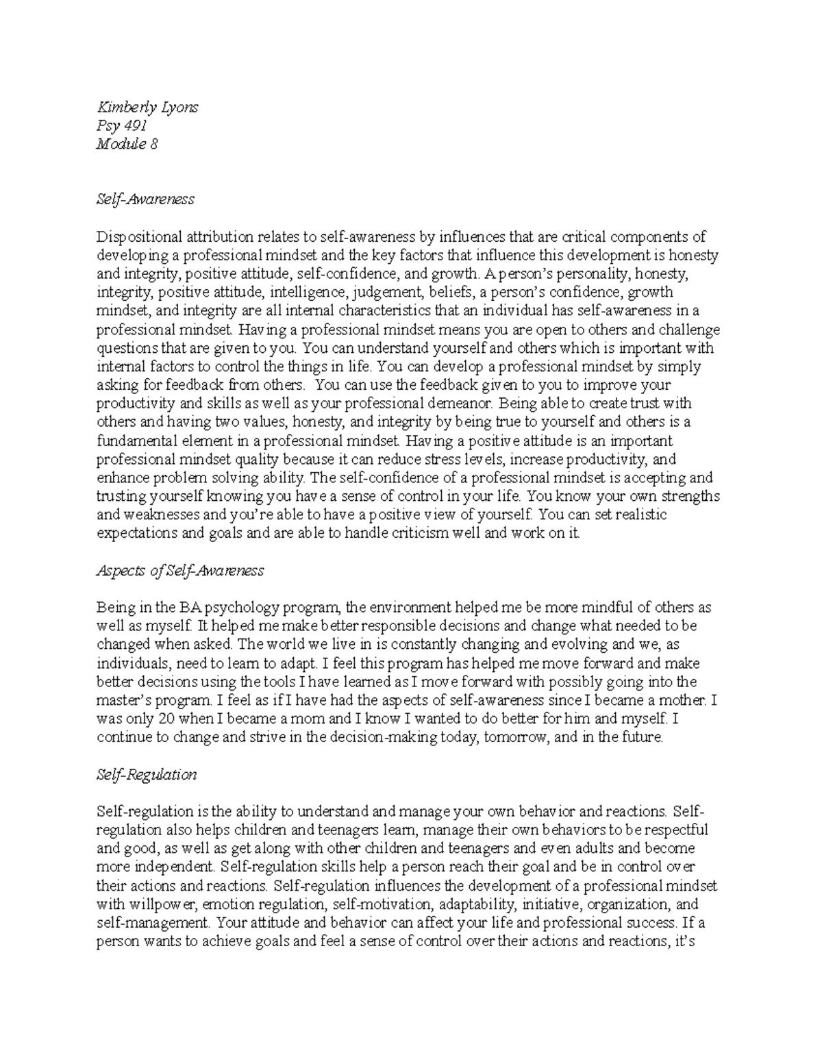 Module 8 - assignment - Kimberly Lyons Psy 491 Module 8 Self-Awareness ...