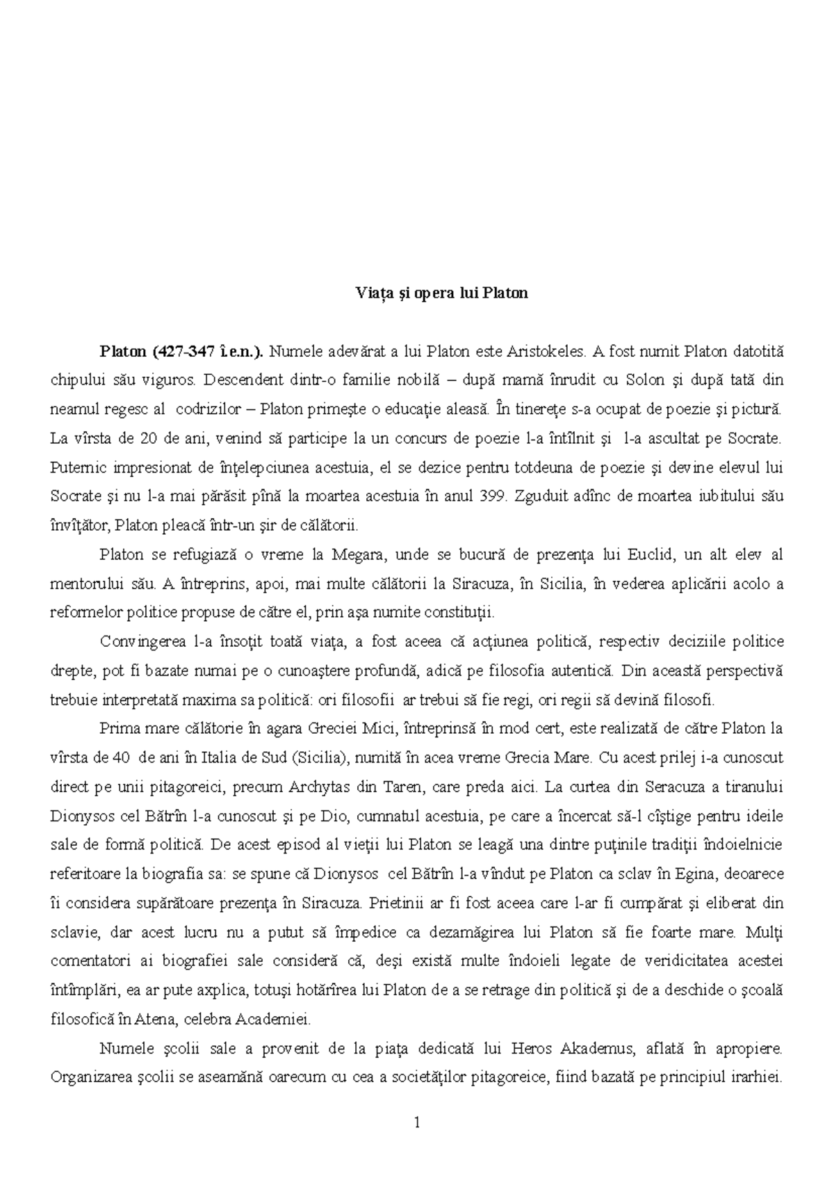 Retorica - Viaţa şi opera lui Platon Platon (427-347 î.e.). Numele ...