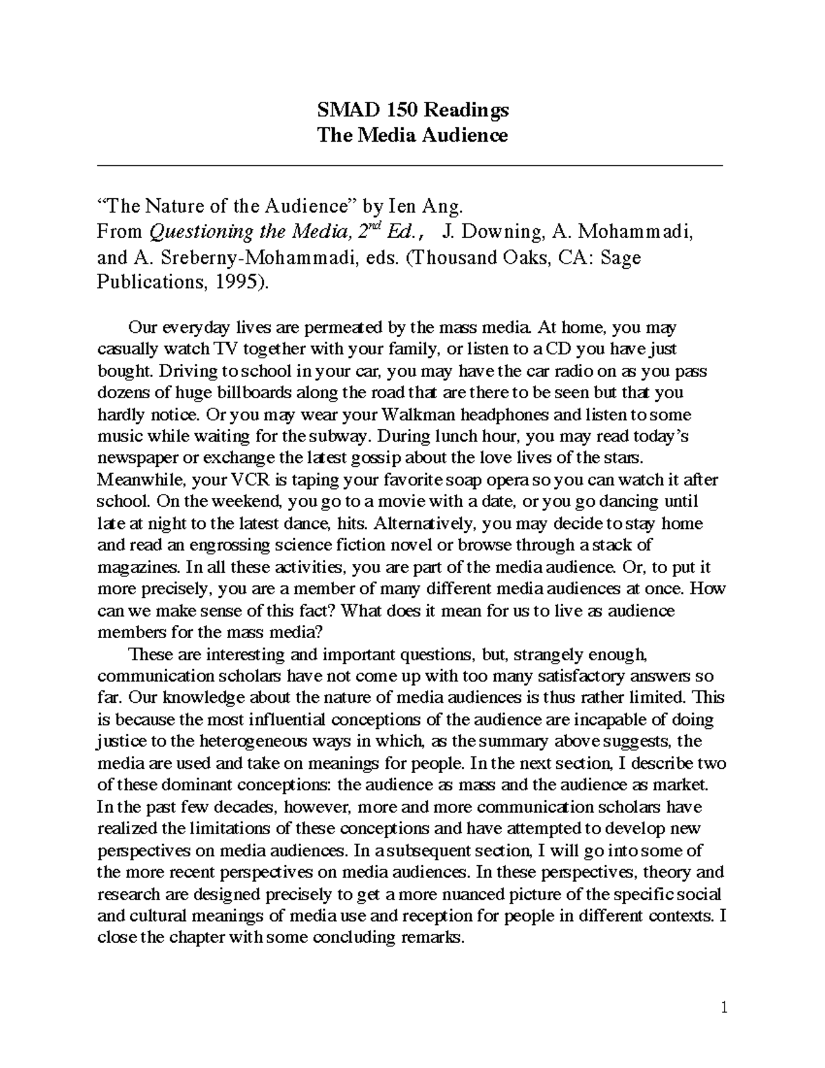 Ang - reading - SMAD 150 Readings The Media Audience - Studocu
