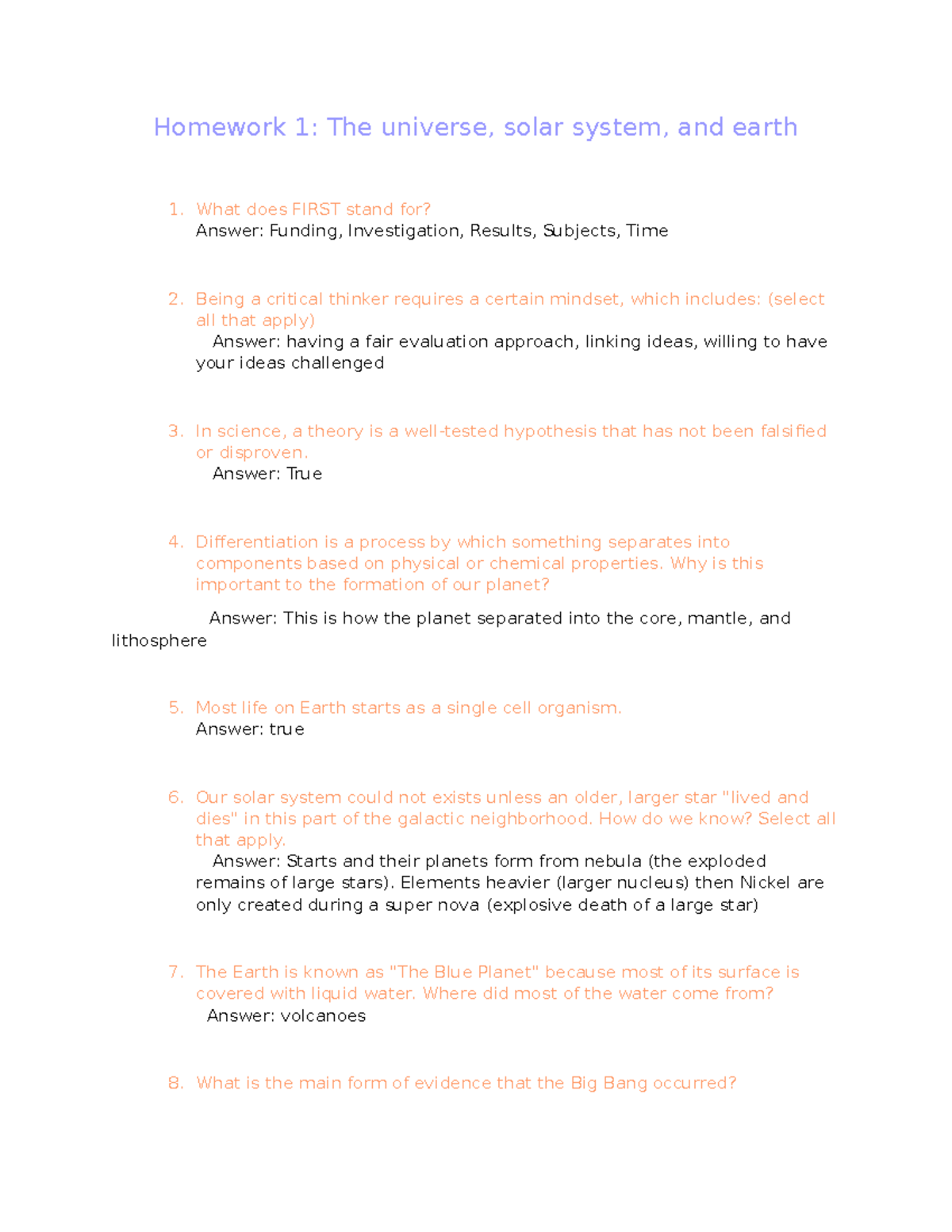 The Universe, Solar system, and Earth - Homework 1: The universe, solar ...