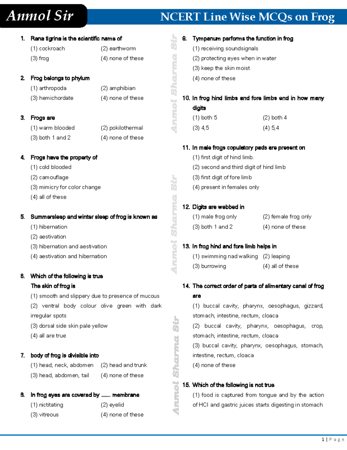 Ncert Line Wise MCQs on Frog + Answer - Rana tigrina is the scientific ...