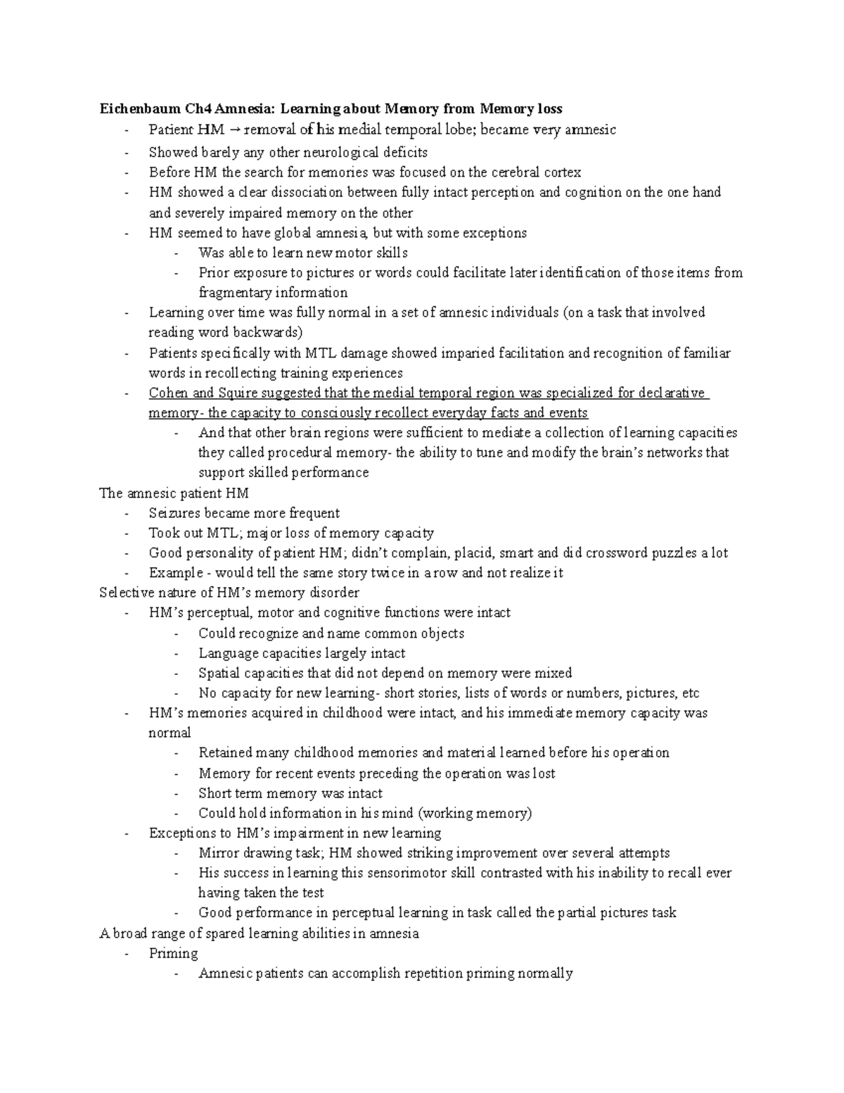 Lectures 2-2 and 2-4 Ch4 - Eichenbaum Ch4 Amnesia: Learning about Memory from Memory loss ...