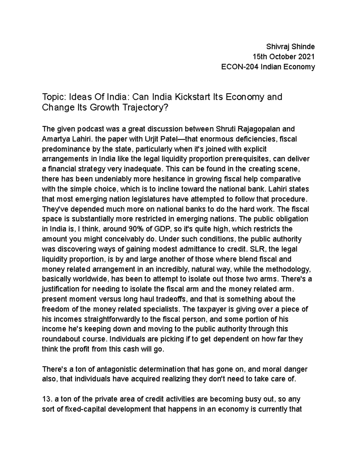 ECON-204 Reflective Essay on Ideas of India Podcast - Economics - Studocu