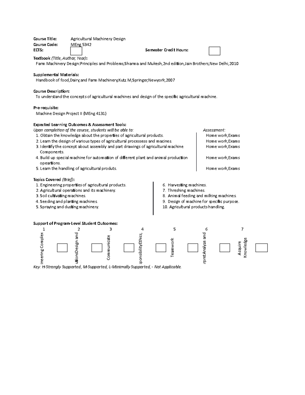 Agricultural Machine Design Syllabus Template - Course Title ...