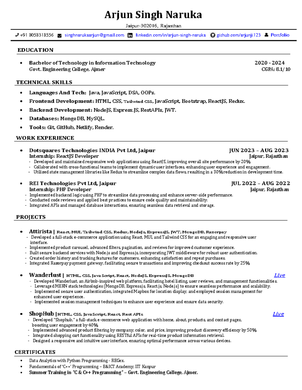 Resume-Arjun Singh Naruka-3 - Arjun Singh Naruka Jaipur- 302016 , Rajasthan +91 8058318556 - Studocu