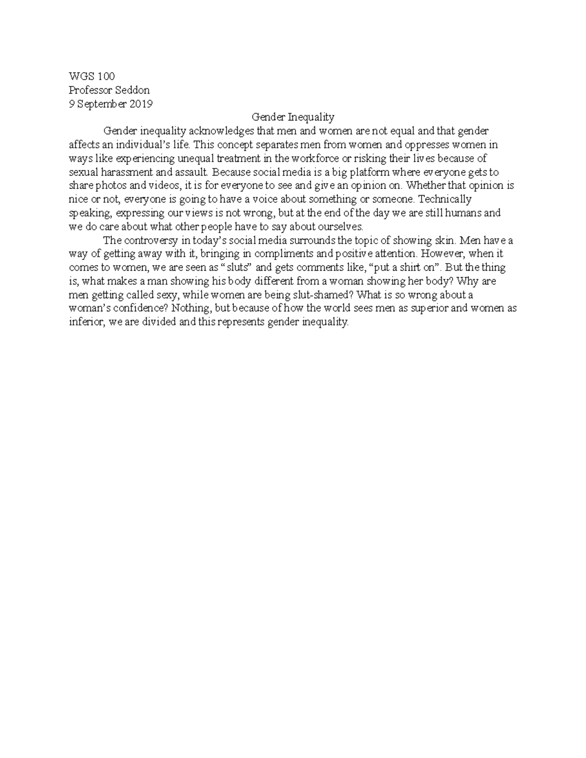 WGS 100 Gender Inequality - WGS 100 Professor Seddon 9 September 2019 ...