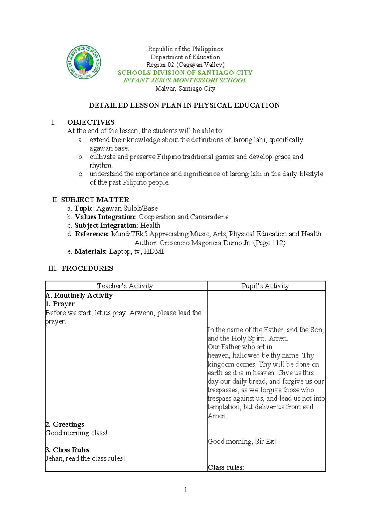 Detailed Lesson PLAN IN Physical Education ( Agawan Sulok) - Republic ...