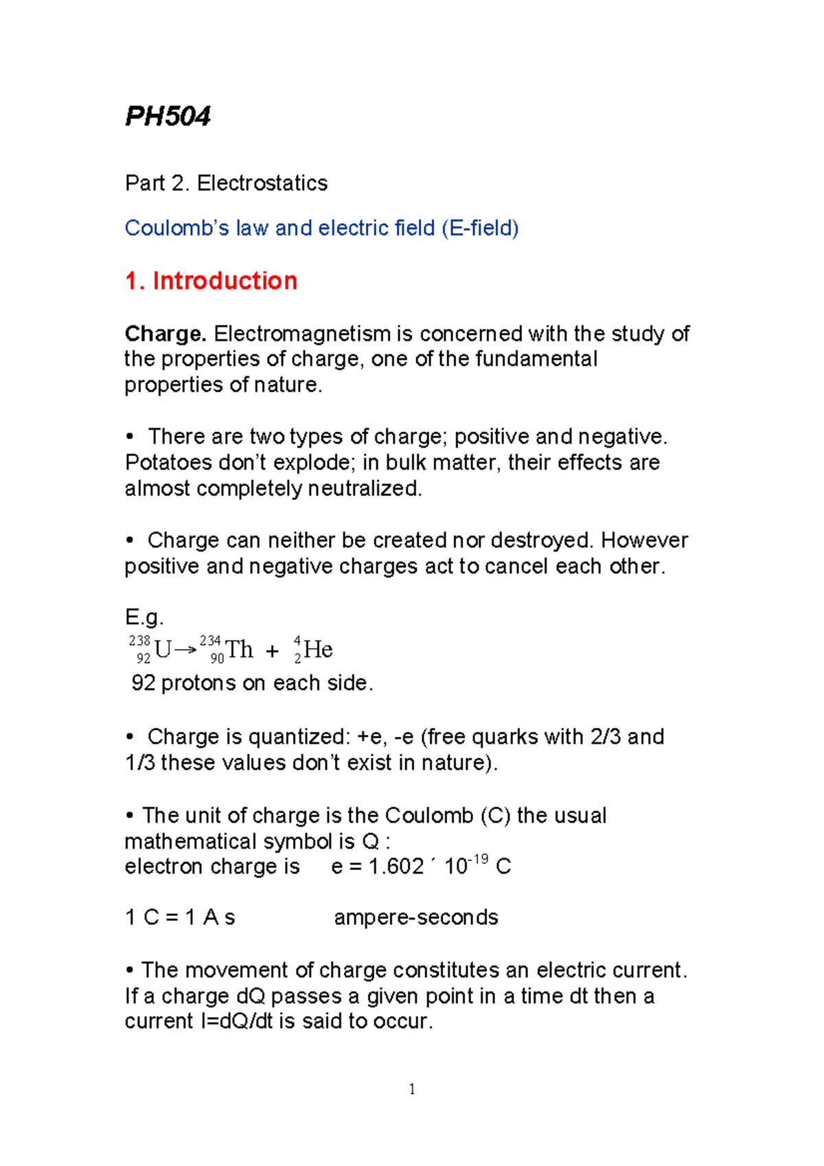 Lecture notes, lecture Part 2 - Electrostatics intro - PH Part 2 ...