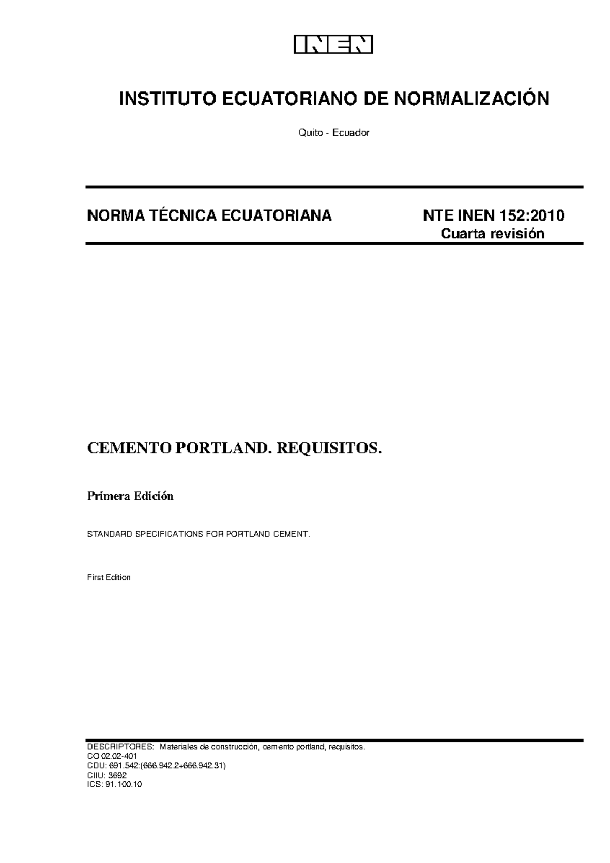 NORMA NTE INEN 152 - INSTITUTO ECUATORIANO DE NORMALIZACIÓN Quito ...