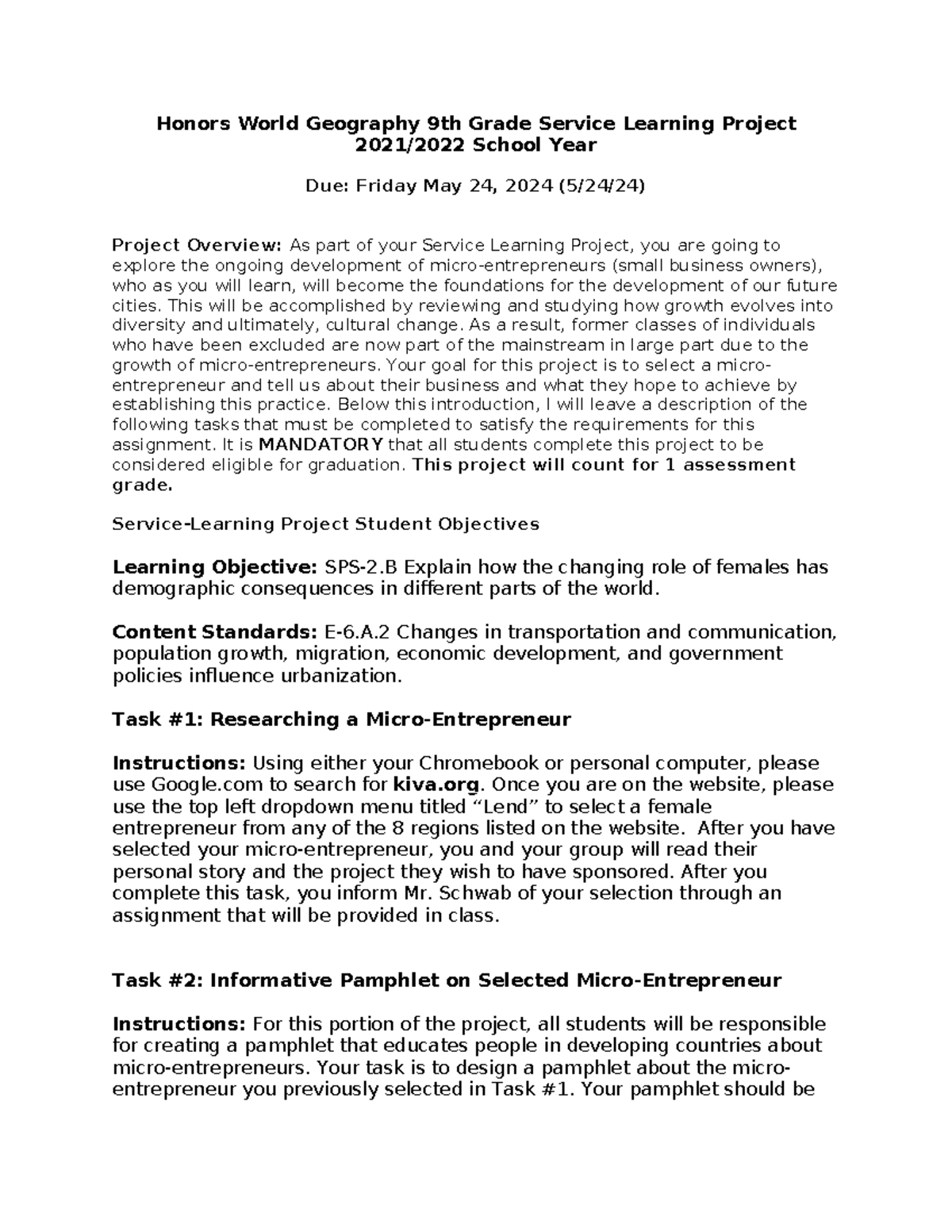 Service Learning Project Instructions - Honors World Geography 9th Grade Service Learning ...