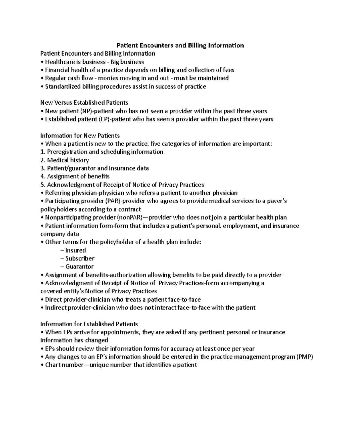 HE 275 Chpt. 3 notes - Helps others - Patient Encounters and Billing ...