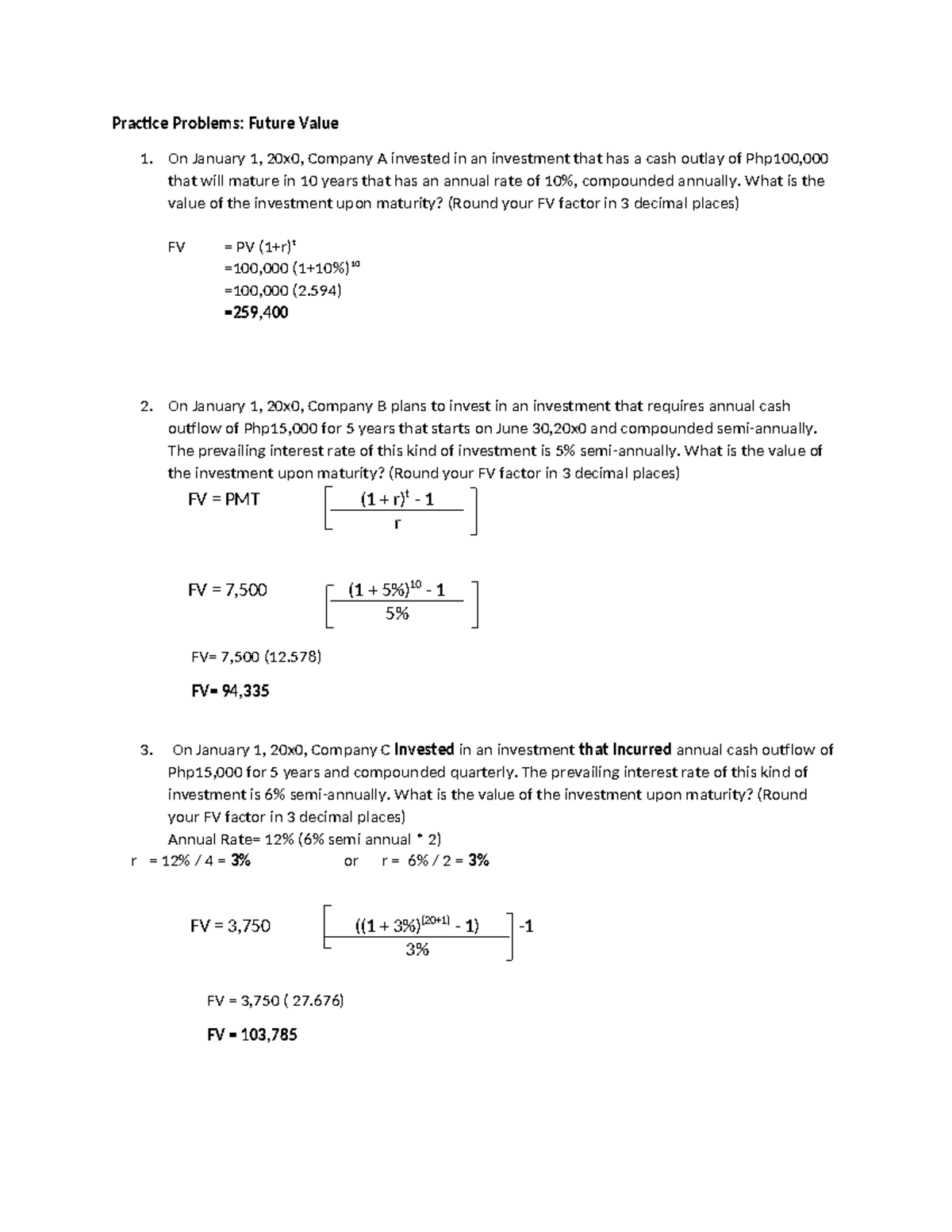 Practice Problems Future Value with answers - Practice Problems: Future Value 1. On January 1 ...
