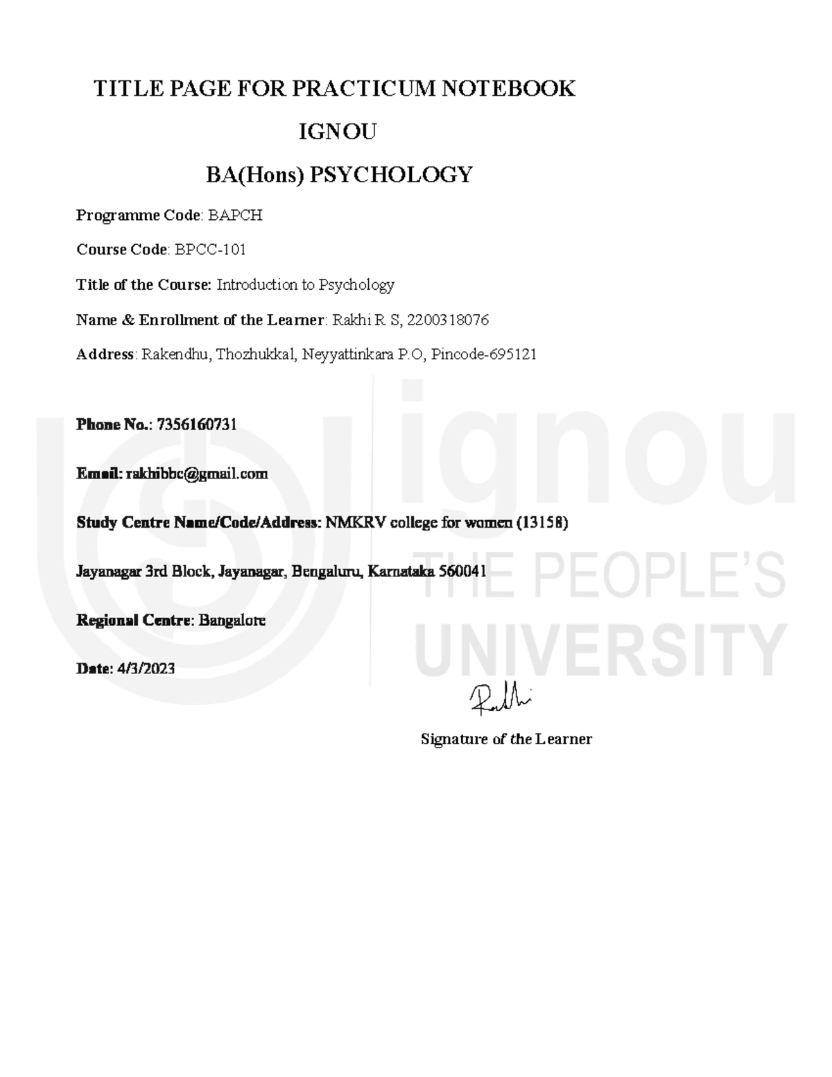 BPCC101 Practical Notes - TITLE PAGE FOR PRACTICUM NOTEBOOK IGNOU BA ...