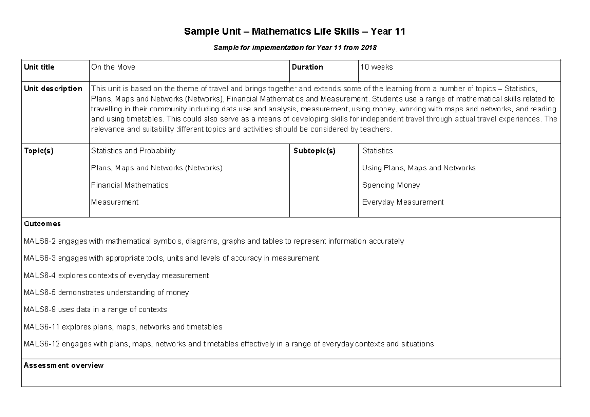Mathematics life skills stage 6 year 11 sample unit on the move ...