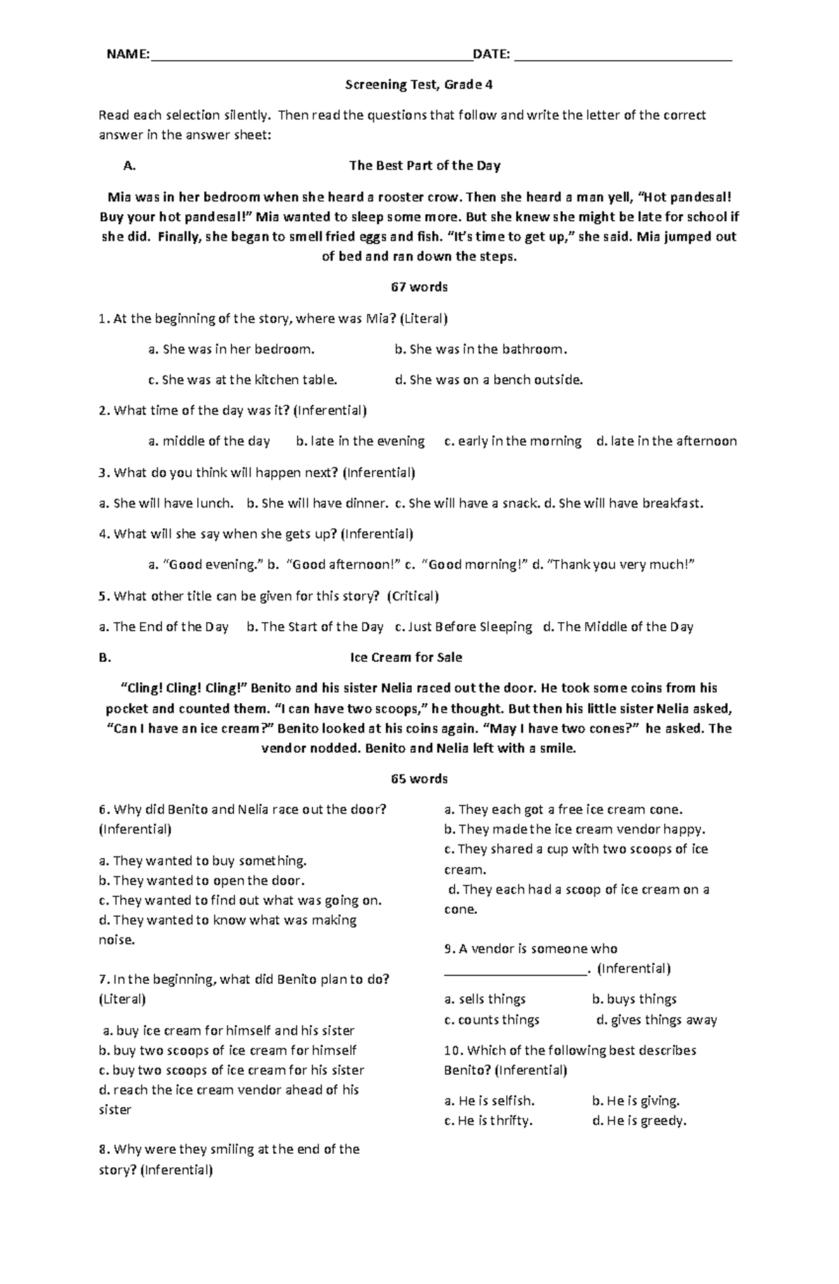 Screening TEST - Grade 4 - NAME ...