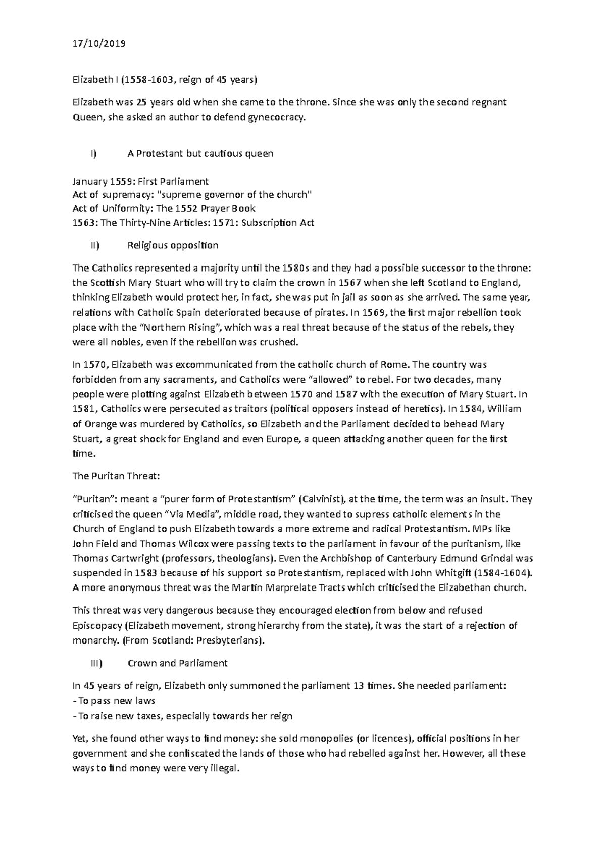 Queen Elizabeth I monarchy - 17/10/ Elizabeth I (1558-1603, reign of 45 ...