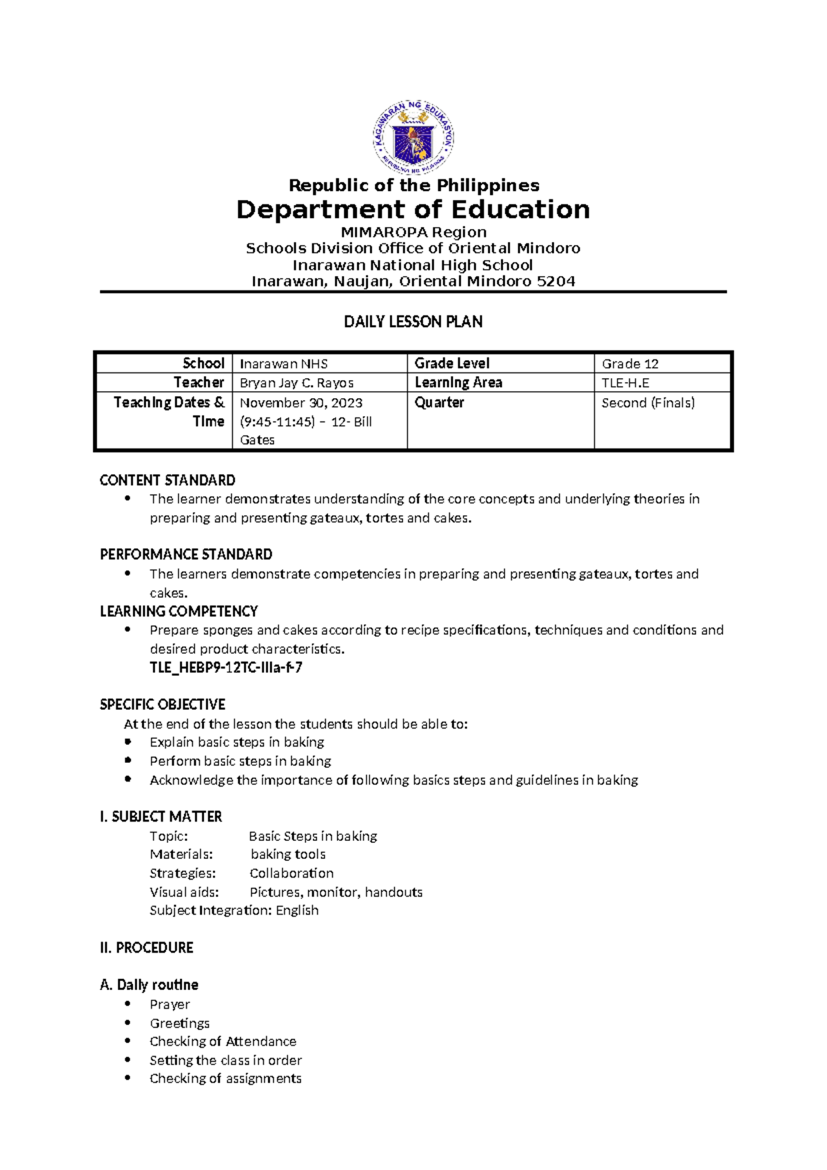 Lesson Plan in Basics Steps in Baking - Republic of the Philippines Department of Education ...