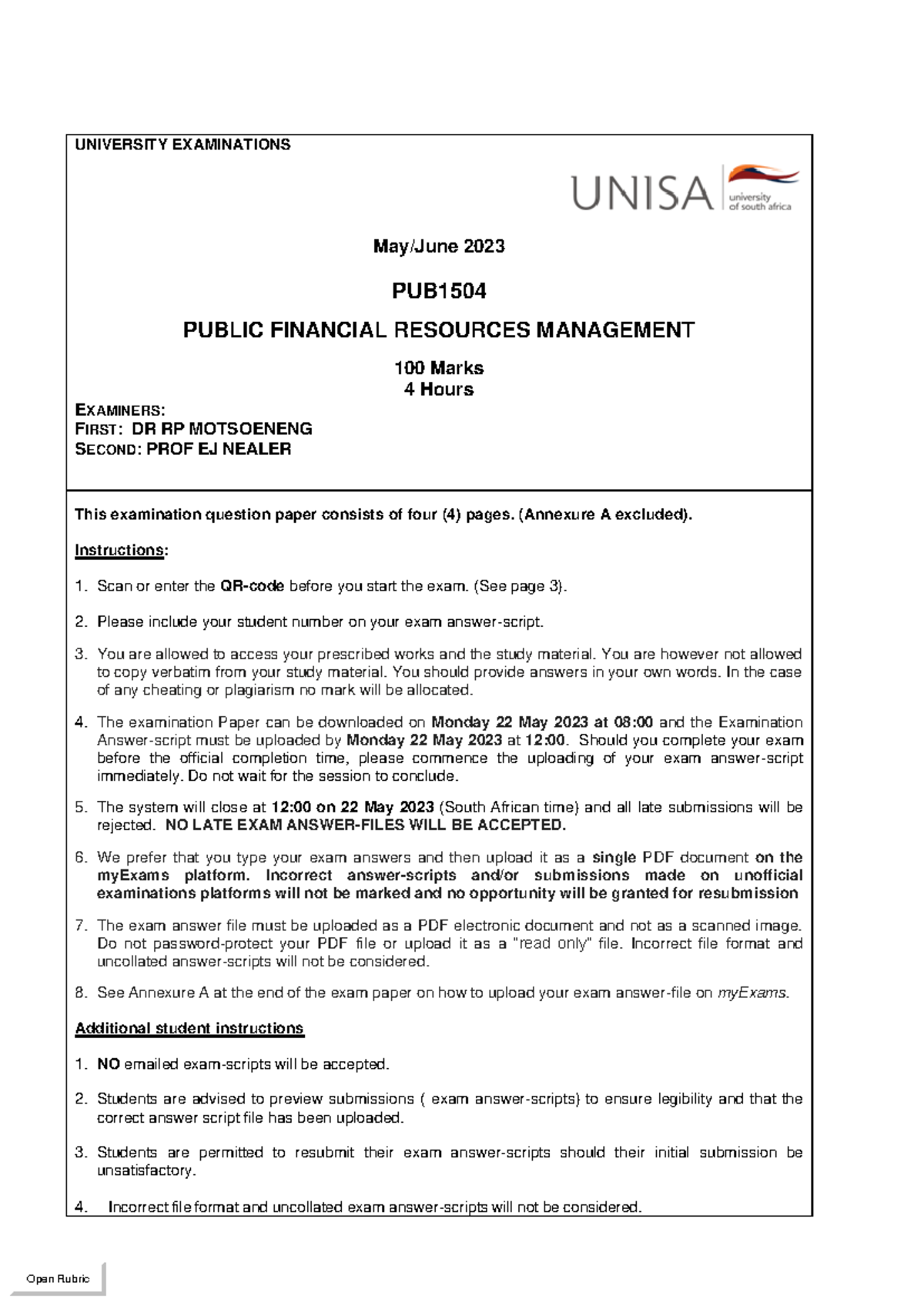 PUB1504 2023 EXAM Paper Mayjune 2023 - UNIVERSITY EXAMINATIONS May/June ...