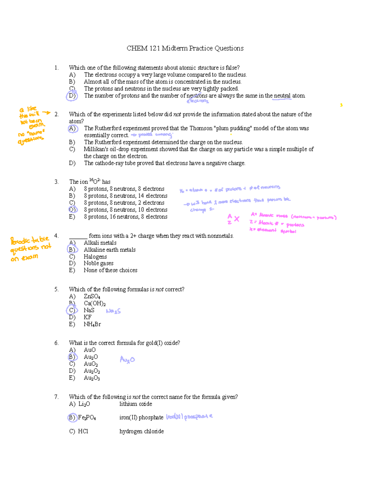 Midterm 2019, questions and answers - CHEM 121 Midterm Practice ...