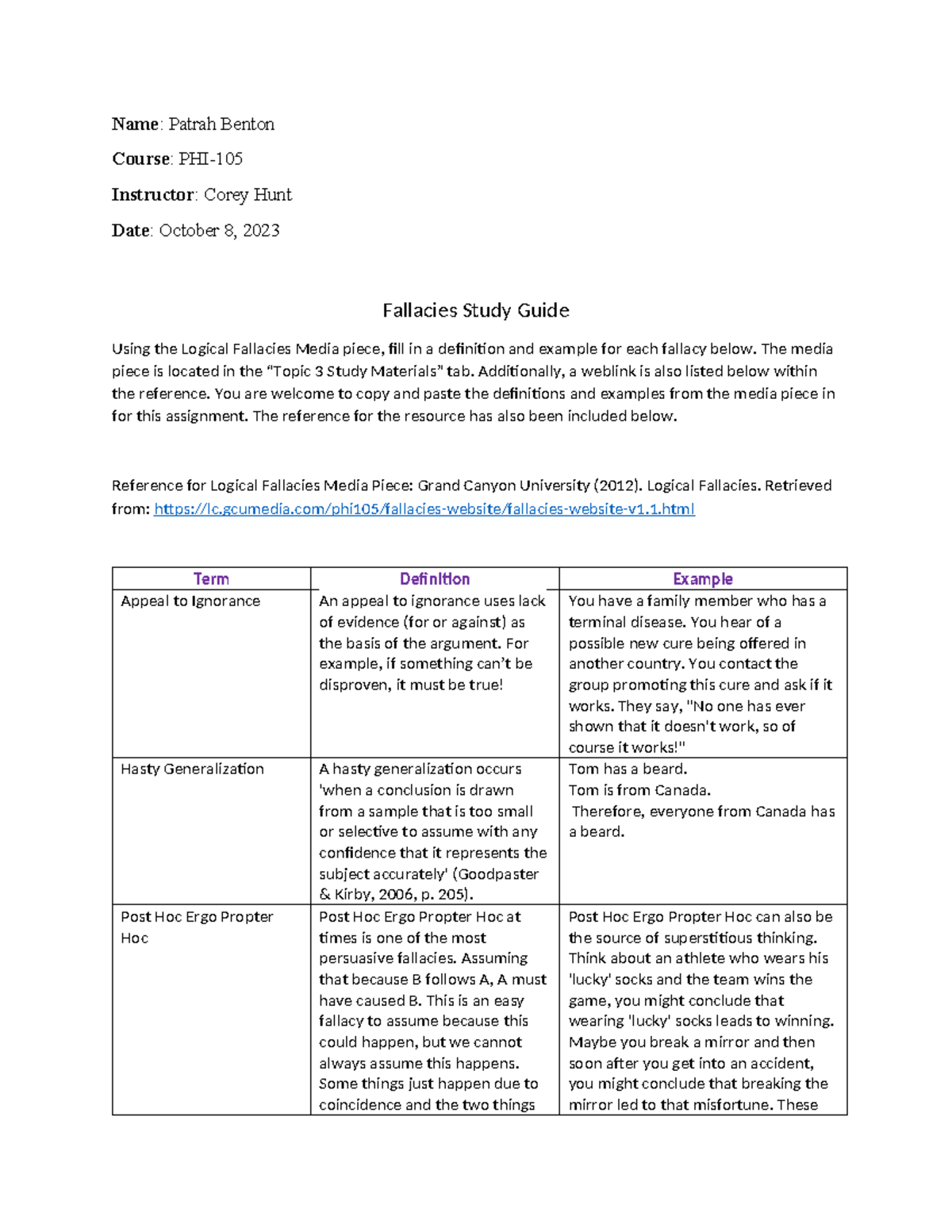 PHI-105 Fallacy Study Guide-v1 - Name: Patrah Benton Course: PHI ...