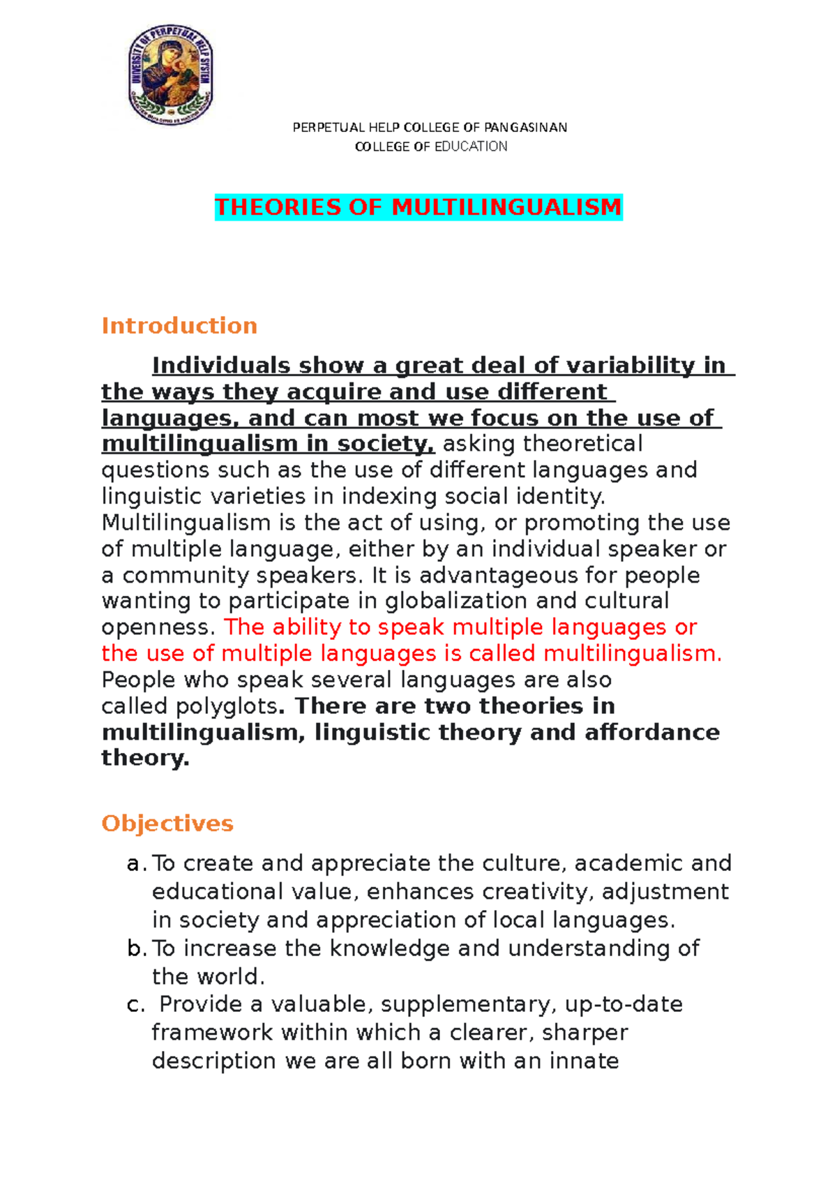 Theories of multilingualism - COLLEGE OF EDUCATION THEORIES OF ...