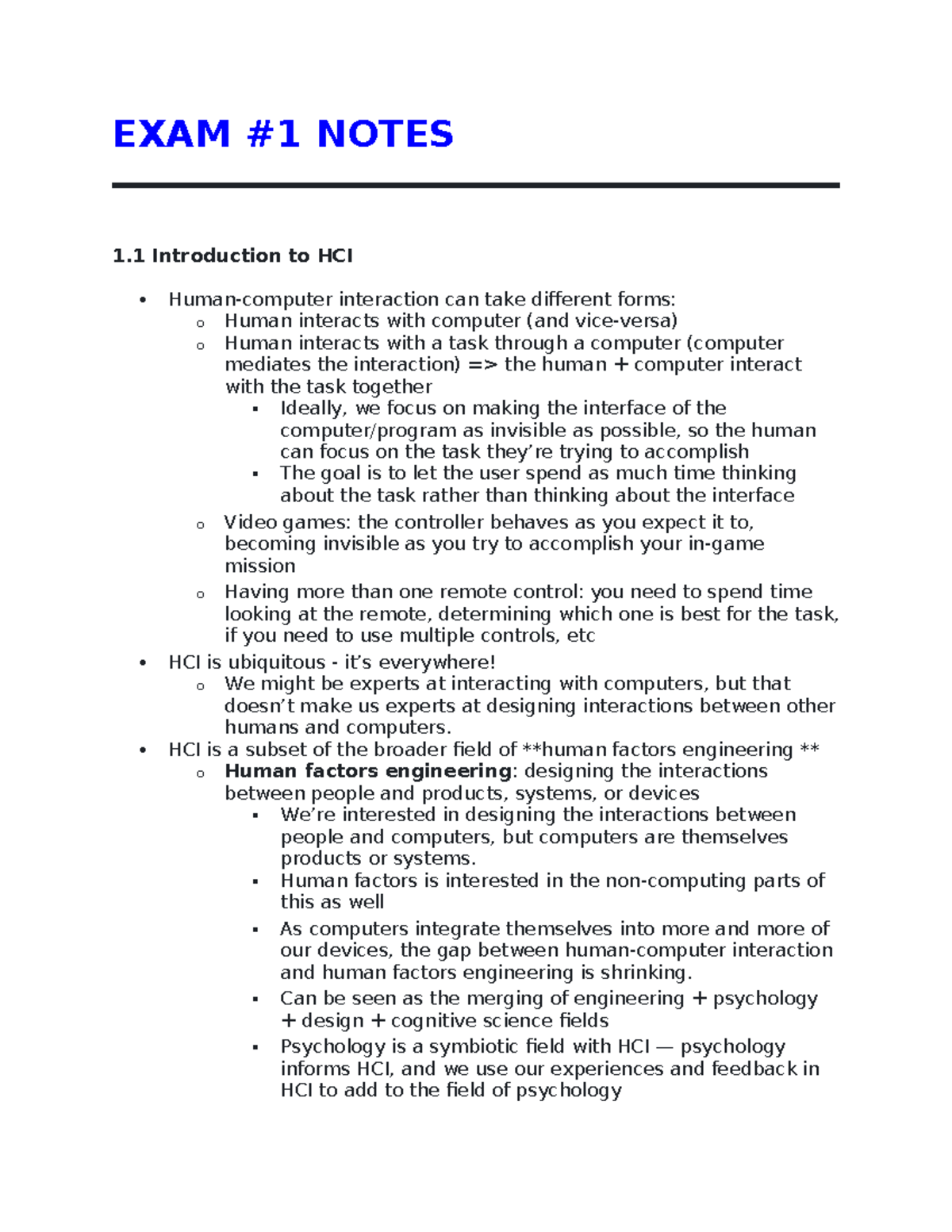EXAM1-Notes - notes for exam1 - EXAM #1 NOTES 1 Introduction to HCI ...