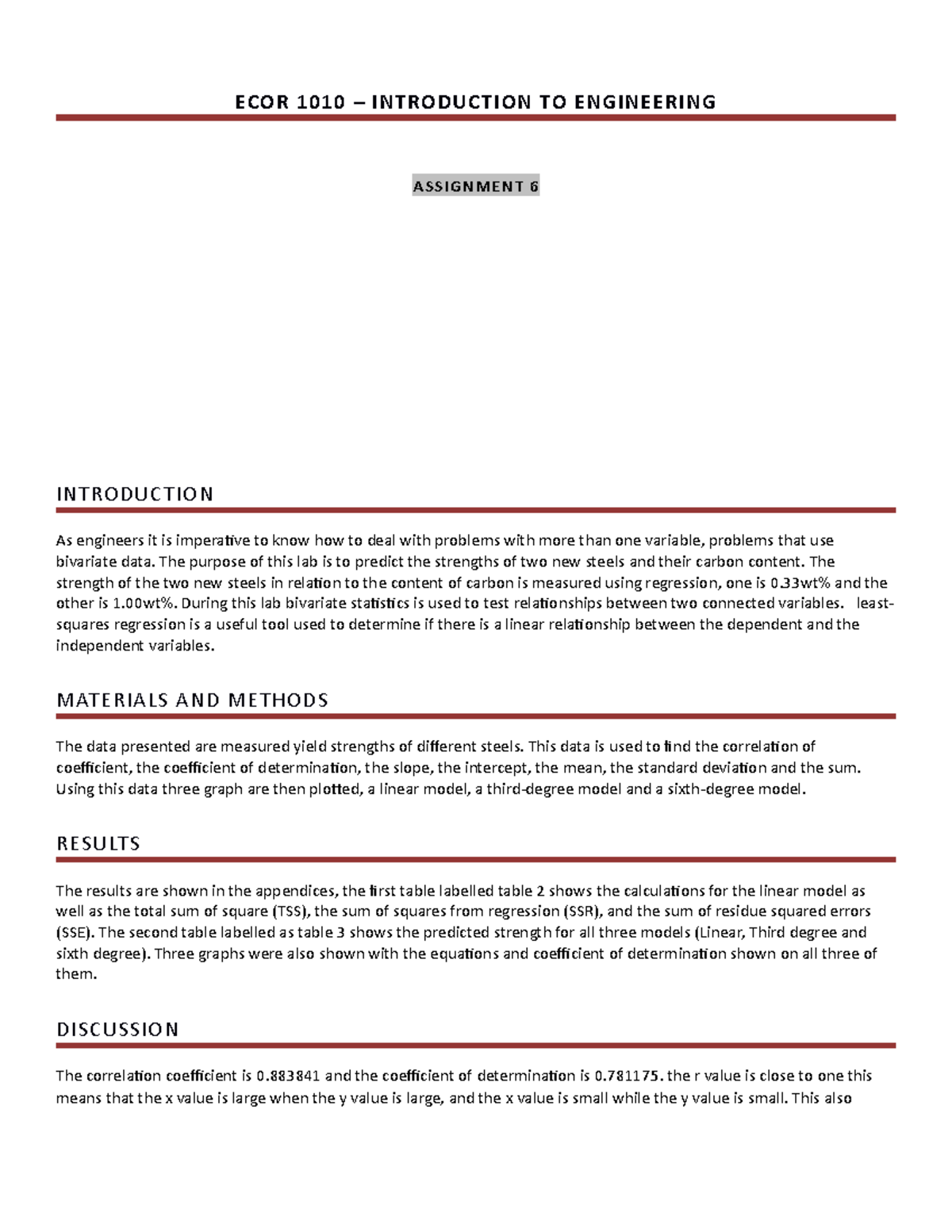lab 6- bivariate data- Ecor 1010 lab 6 - ECOR 1010 INTRODUCTION TO ENGINEERING ASSIGNMENT 6 ...
