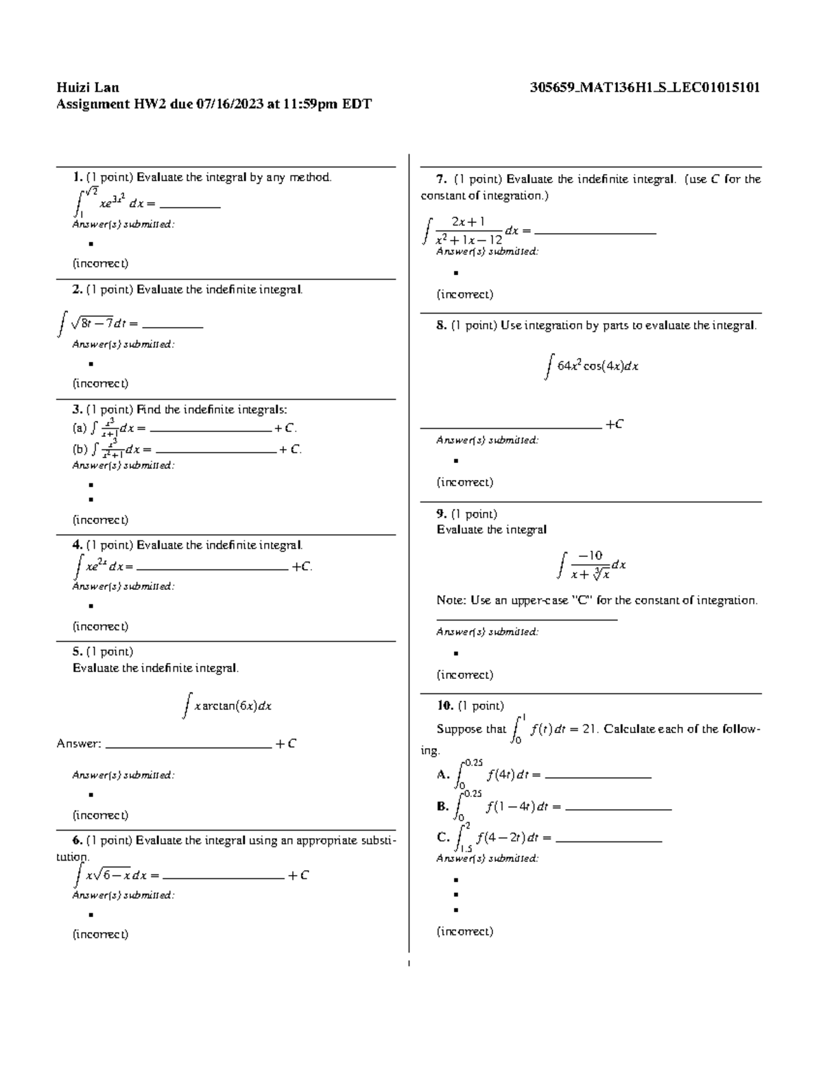 305659 MAT136H1 S LEC01015101 - Huizi Lan 305659 MAT136H1 S LEC ...