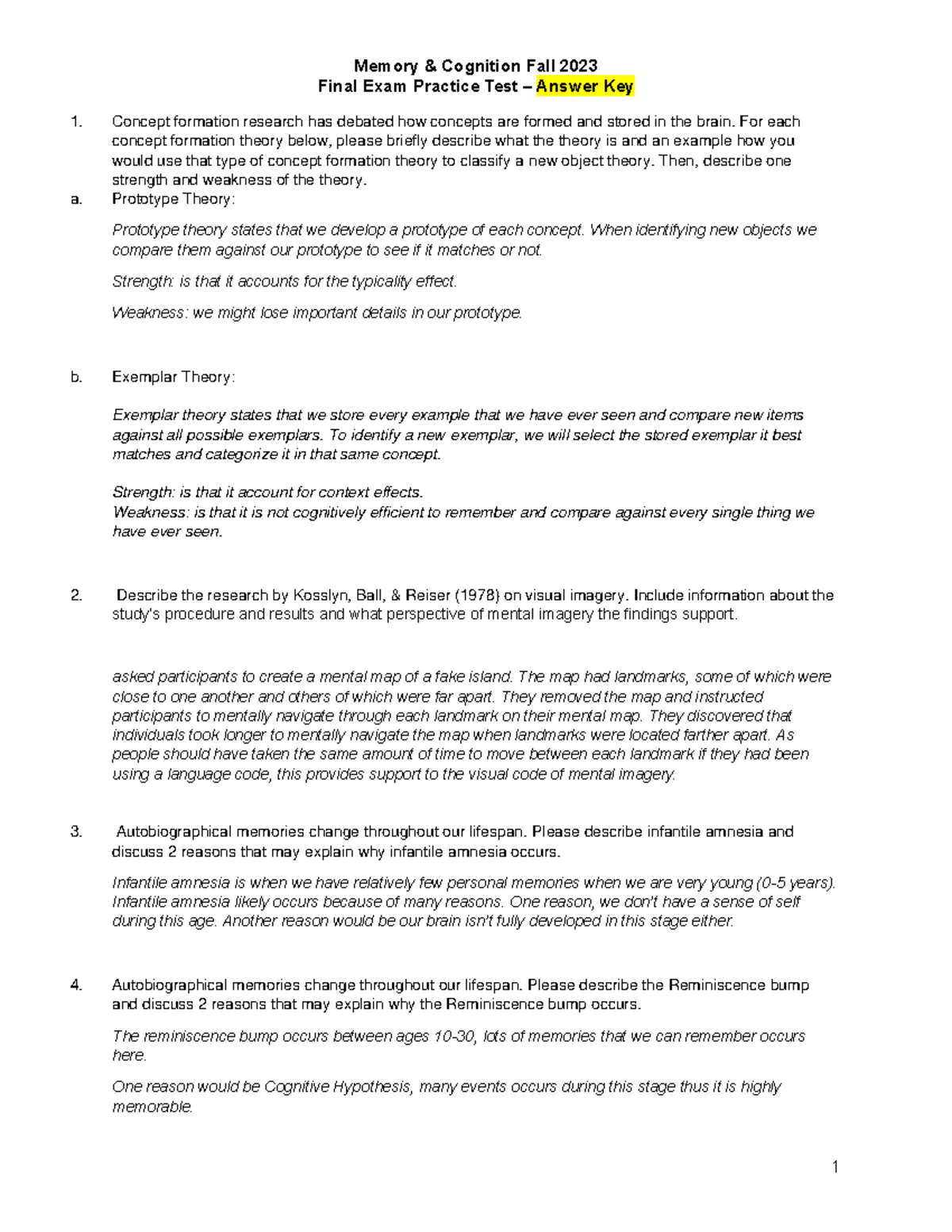 Memory and Cognition Study Guide&Answers - Final Exam Practice Test ...