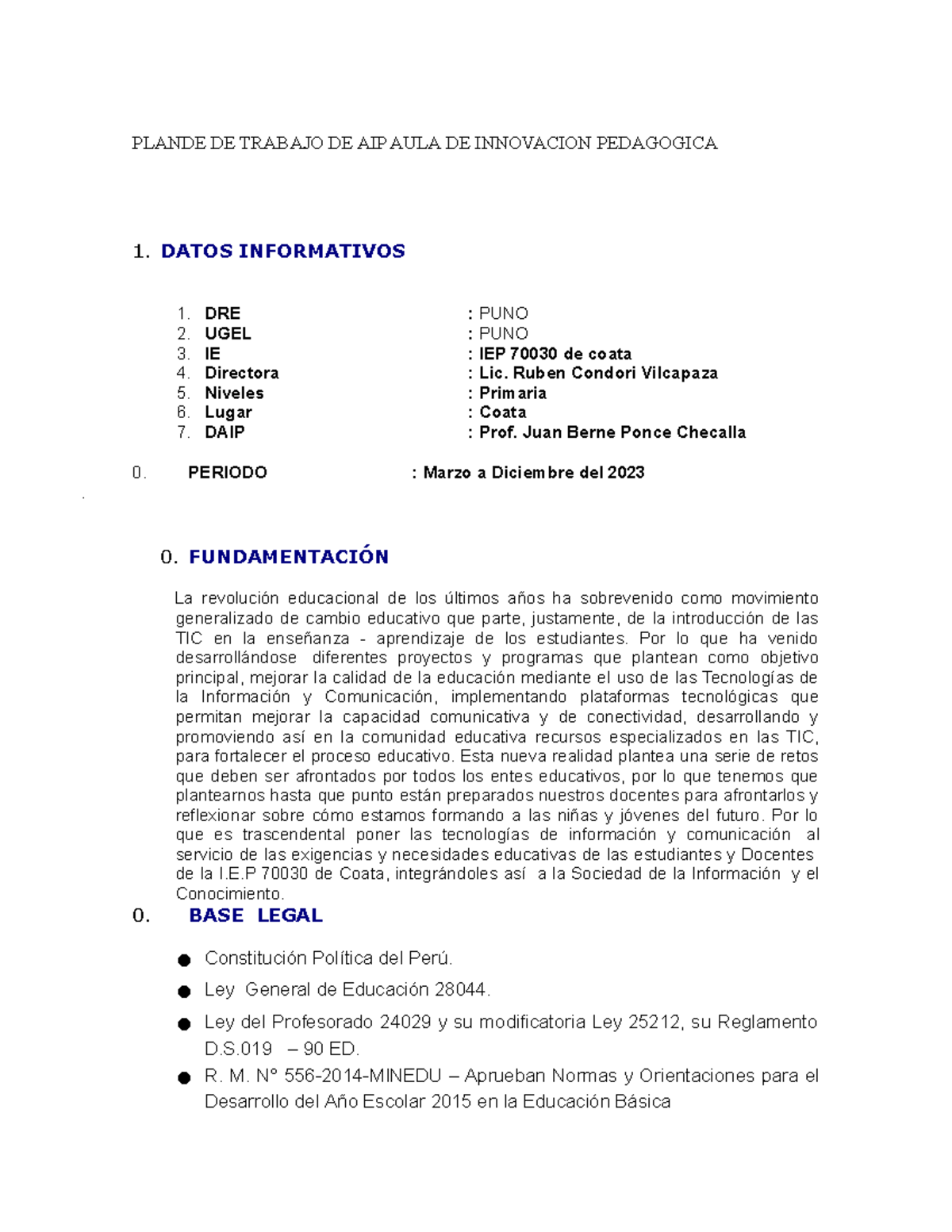 PLAN DE Trabajo 2023 DAIP - PLANDE DE TRABAJO DE AIP AULA DE INNOVACION ...