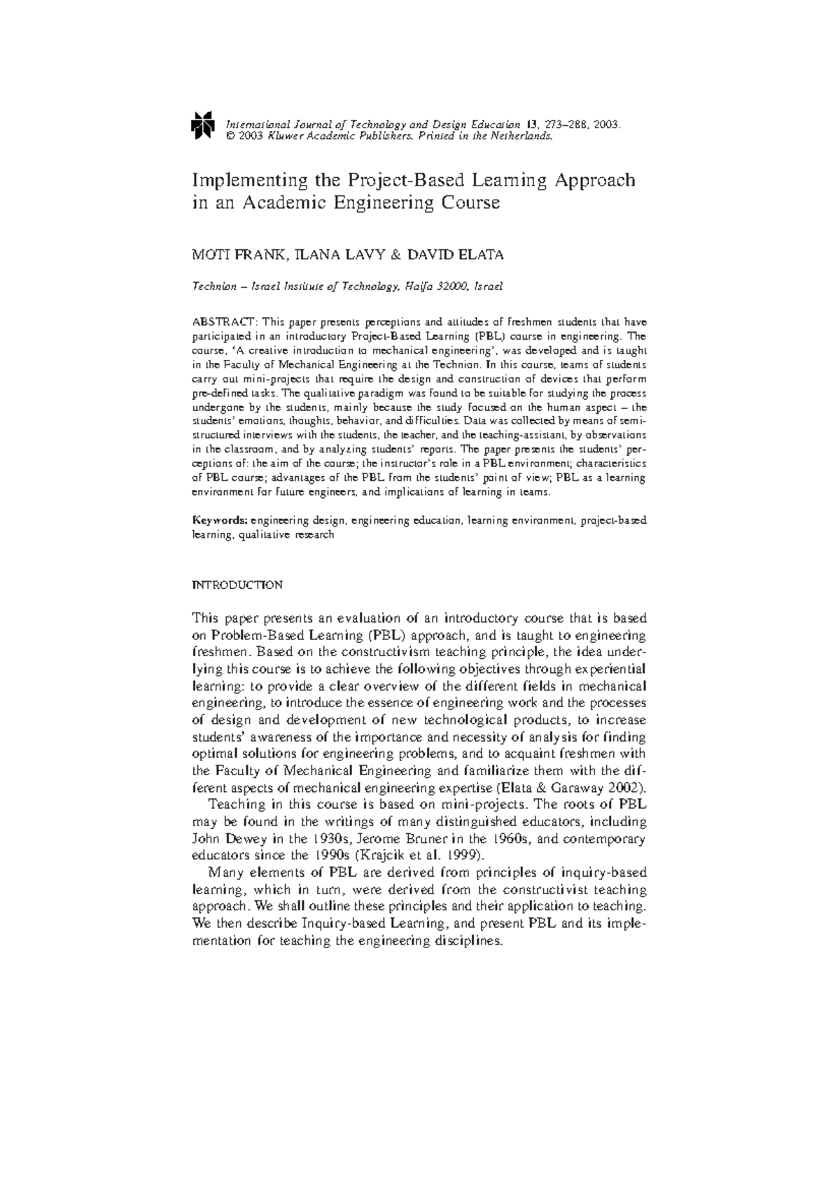 Paper 2 - Lecture notes 1 - Implementing the Project-Based Learning ...
