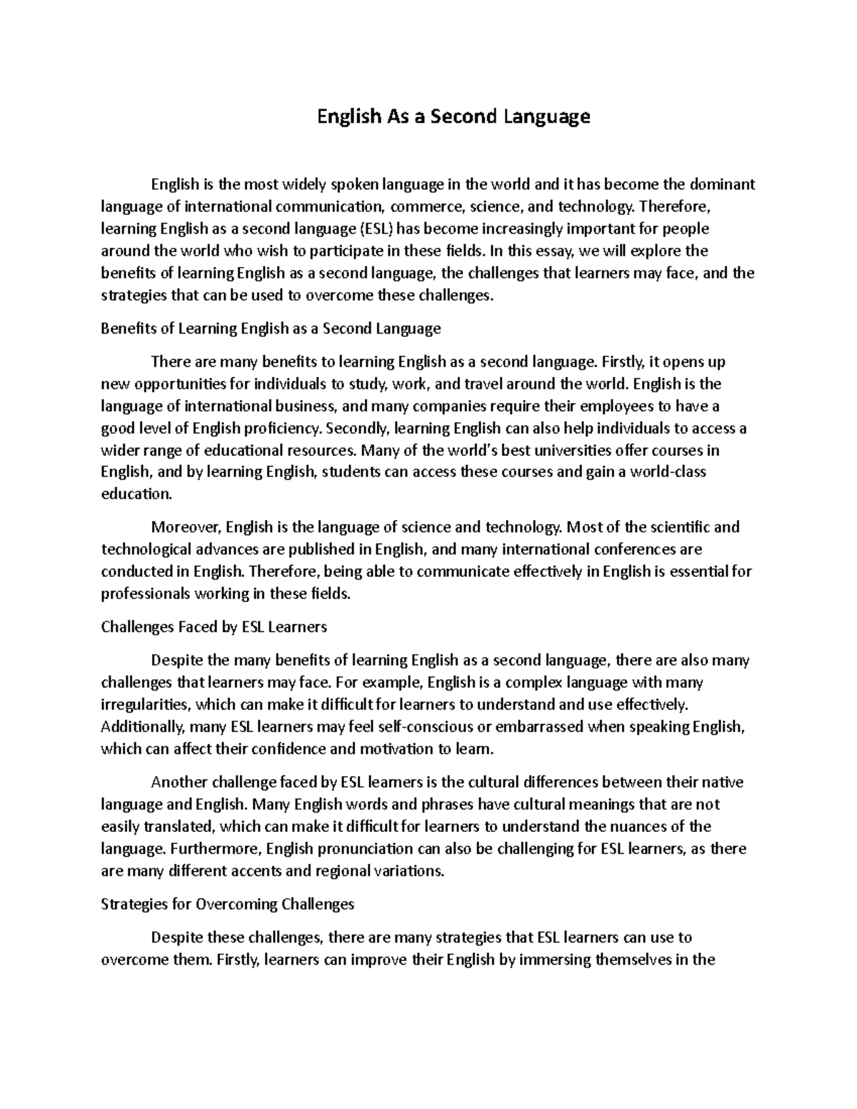 English As a Second Language - English As a Second Language English is ...