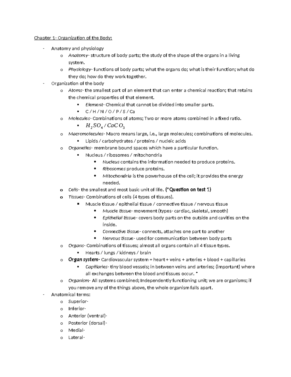 Chapter 1 & 2 Anatomy & Physiology - Chapter 1- Organization of the ...