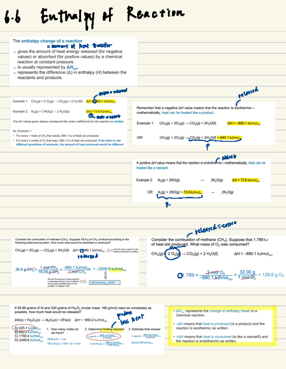 6.6 notes - Thermodynamics - CHEM 1101 - 6. 6 Enthalpy of Reaction ...