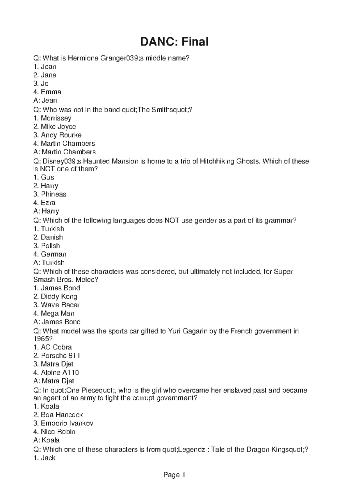 DANC163-Soultions-10 - DANC: Final Q: What is Hermione Granger039;s middle name? Jean Jane Jo ...